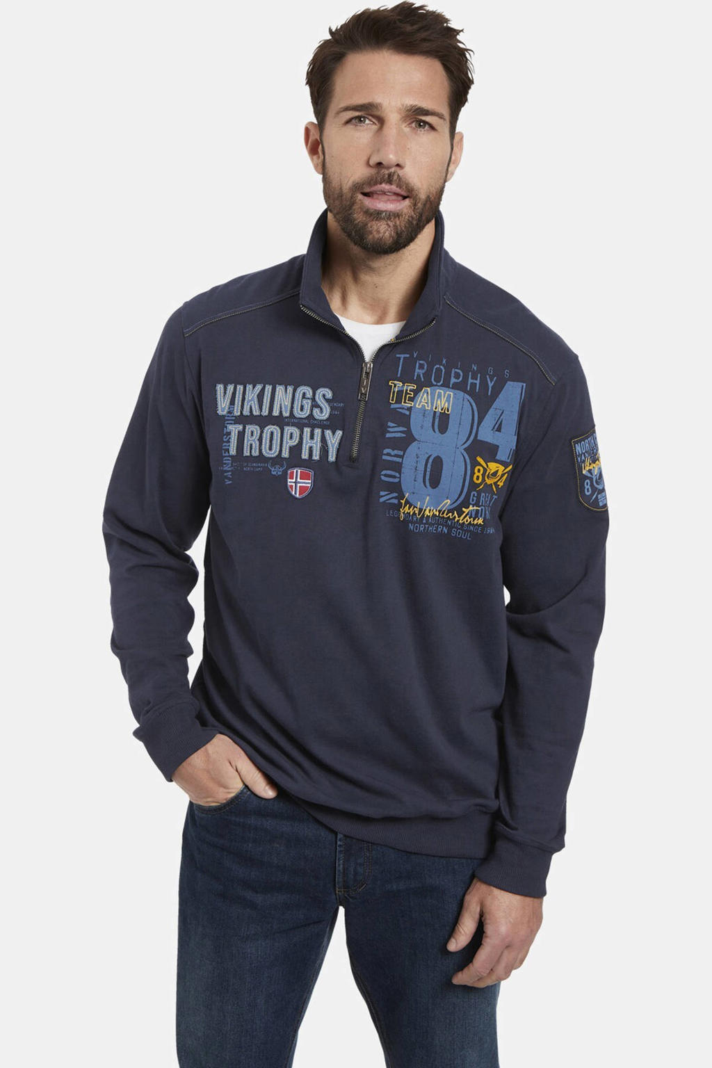 Jan Vanderstorm sweater THORALF Plus Size met printopdruk donkerblauw ...