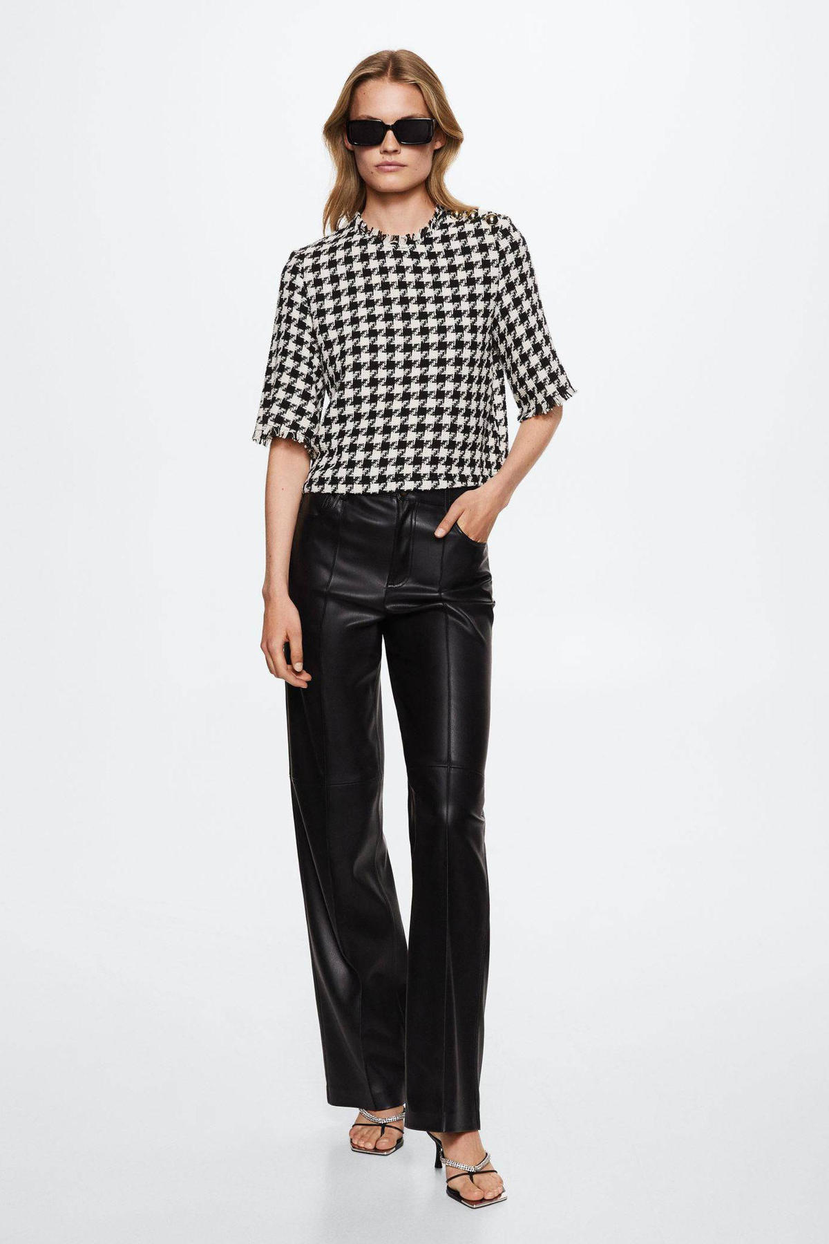 Mango tweed top met pied-de-poule zwart/wit | wehkamp