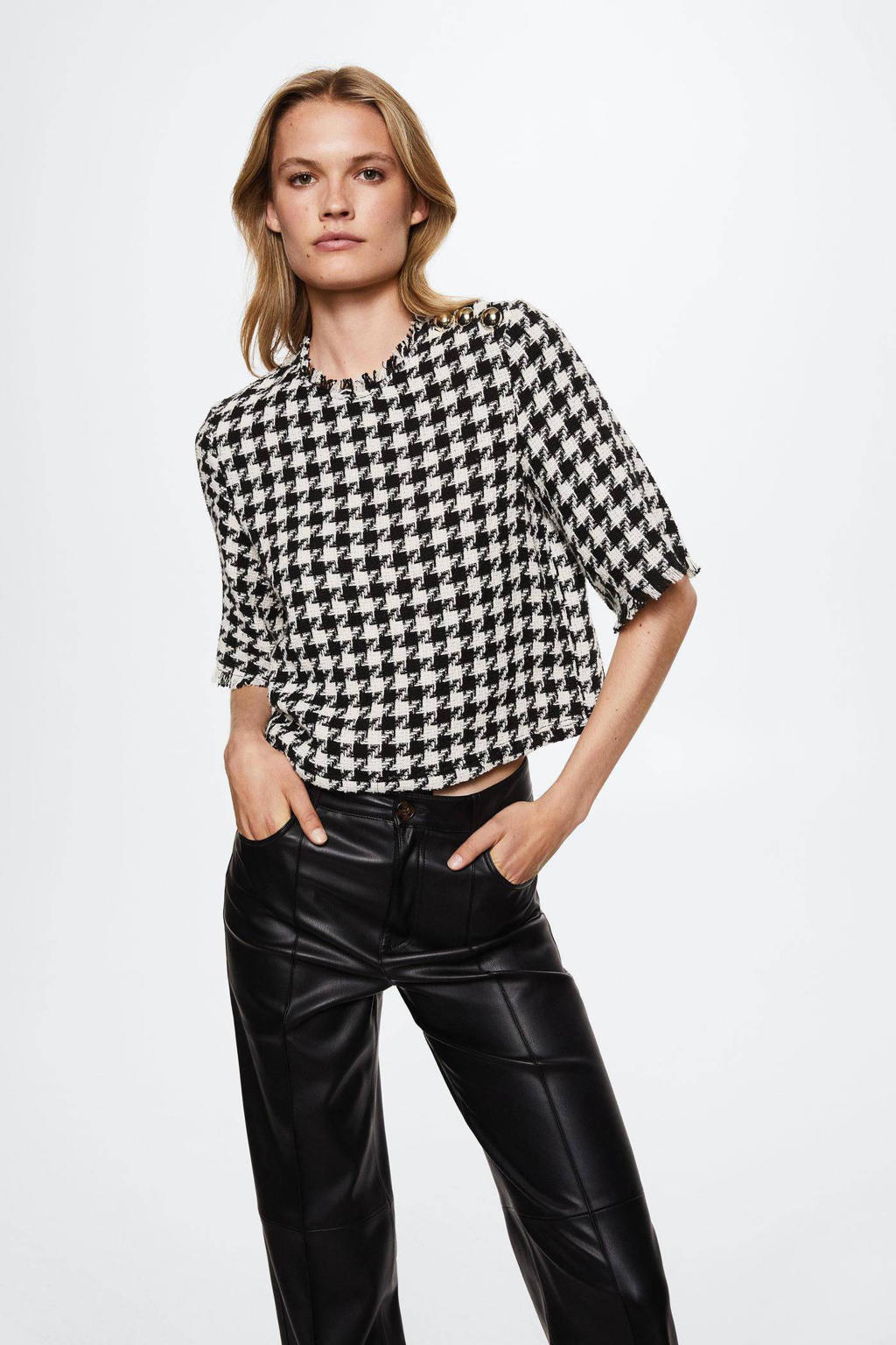 Mango tweed top met pied-de-poule zwart/wit | wehkamp