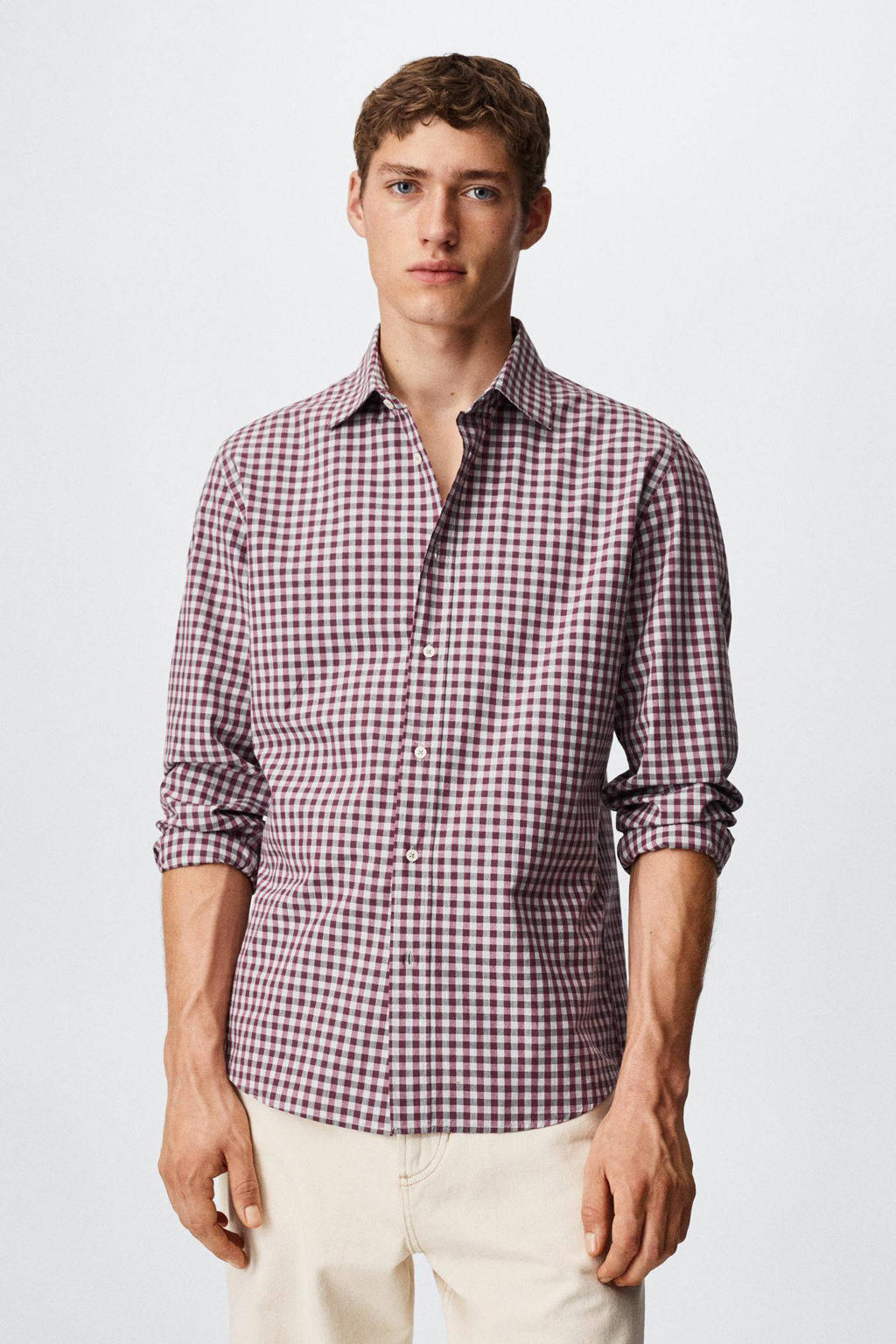 Mango Man geruit slim fit overhemd donkerrood | wehkamp