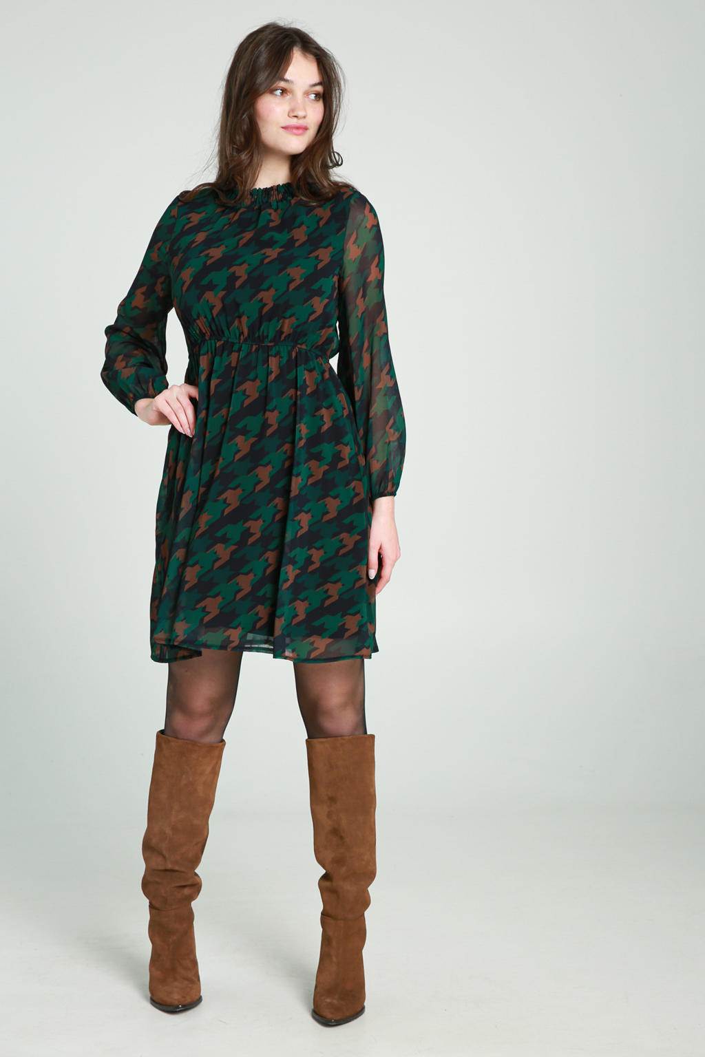 Cassis semi-transparante jurk met all over print donkergroen/zwart/bruin | wehkamp