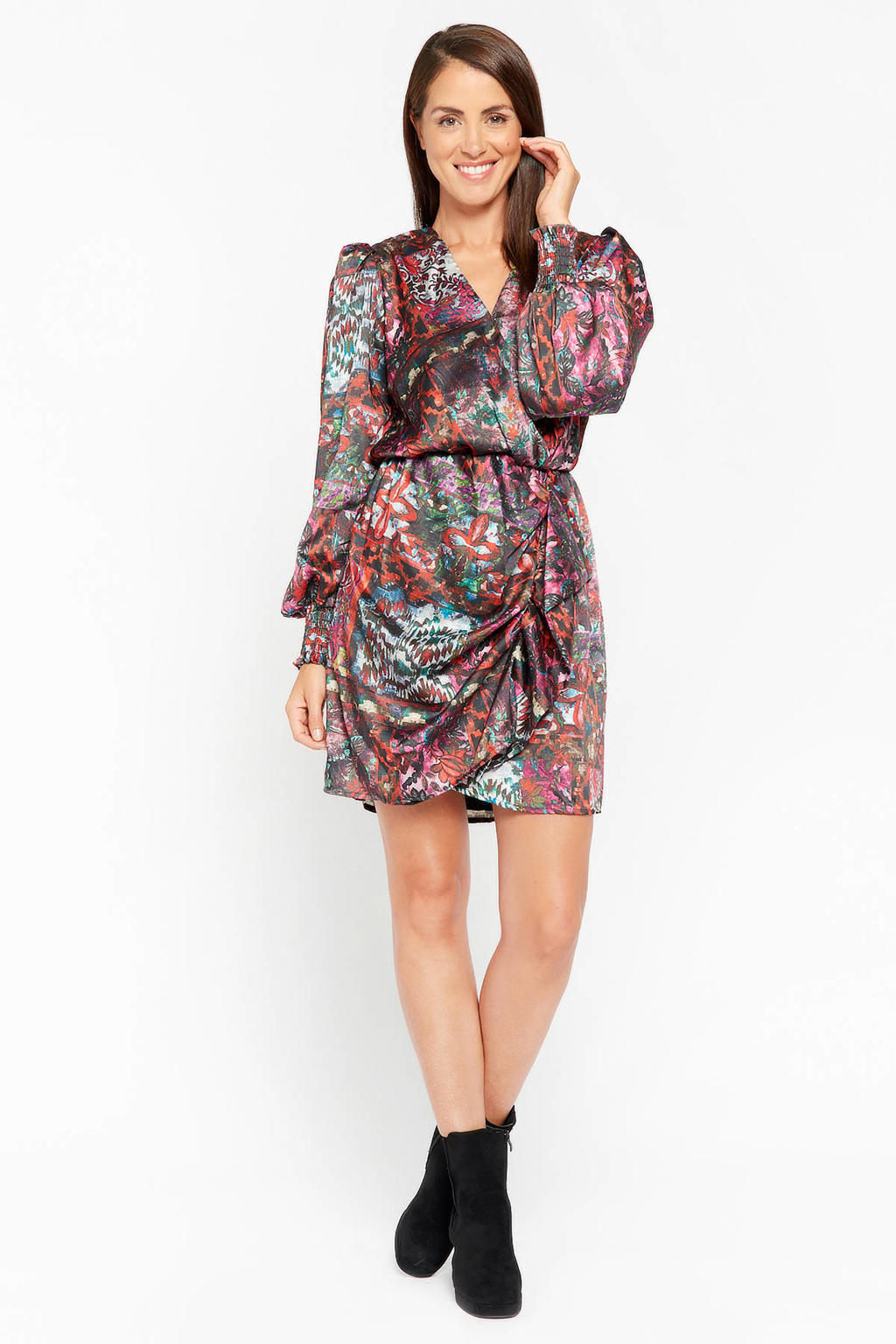 LOLALIZA overslagjurk met all over print en ruches paars/rood/roze/blauw | wehkamp