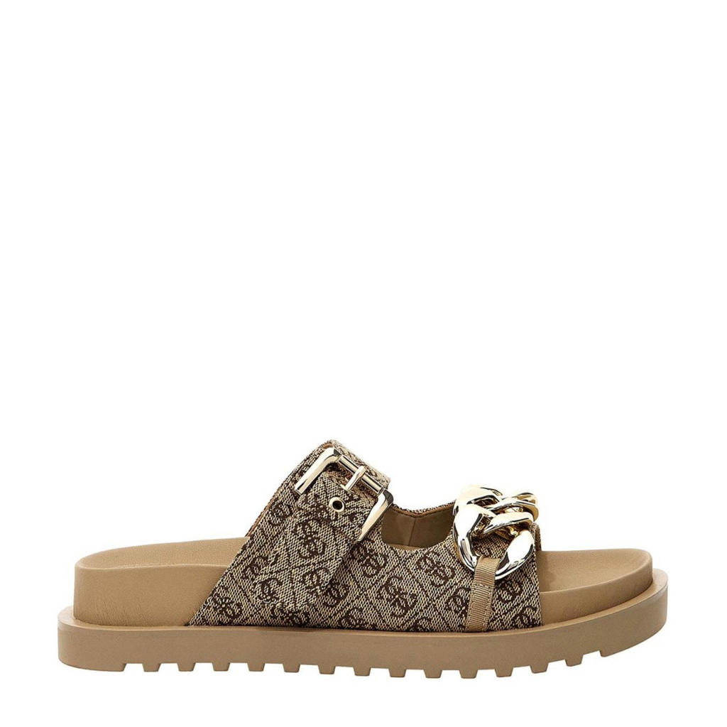 GUESS Fatema slippers met ketting beige/bruin | wehkamp