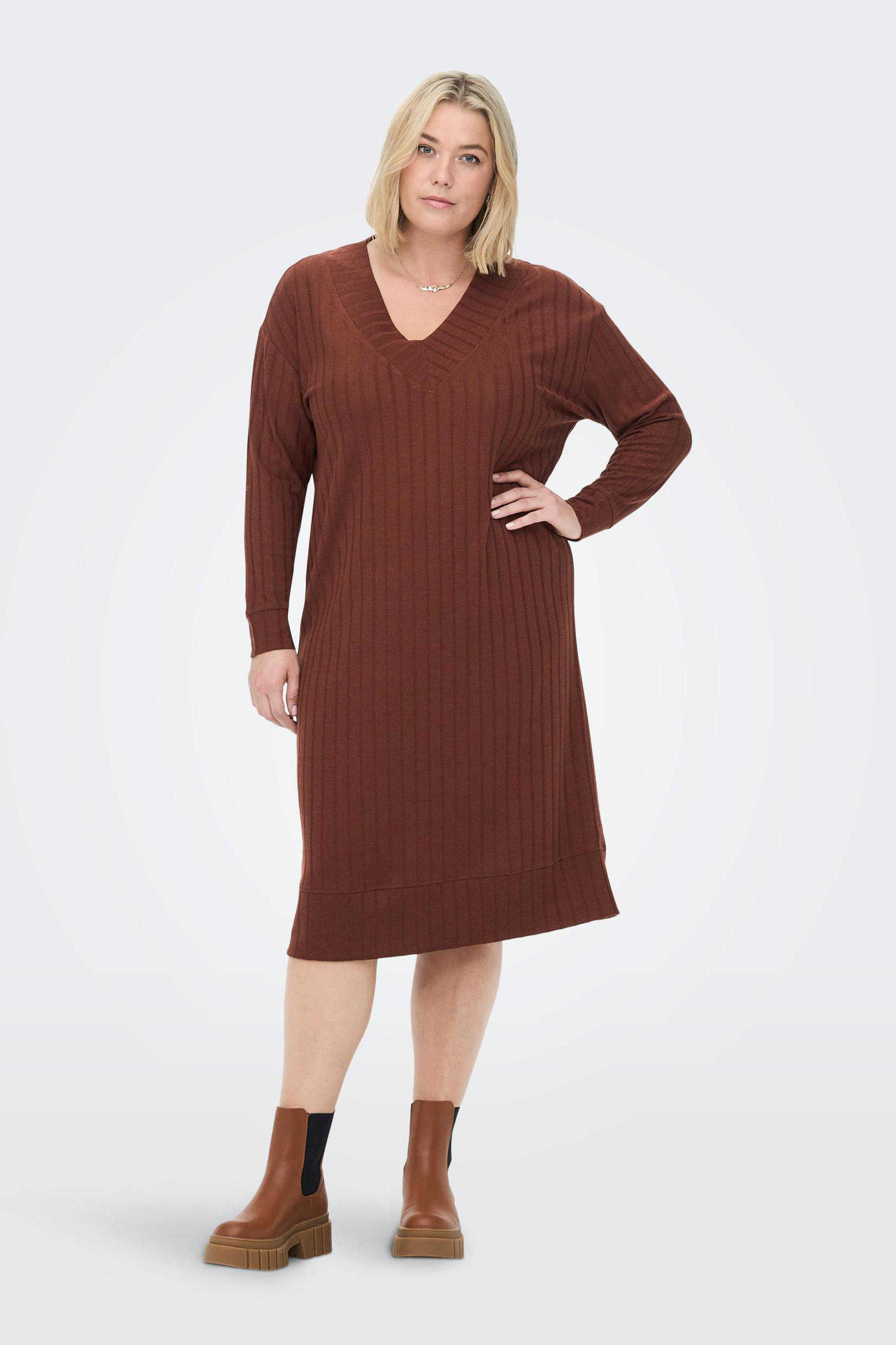 ONLY CARMAKOMA gebreide jurk bruin | wehkamp