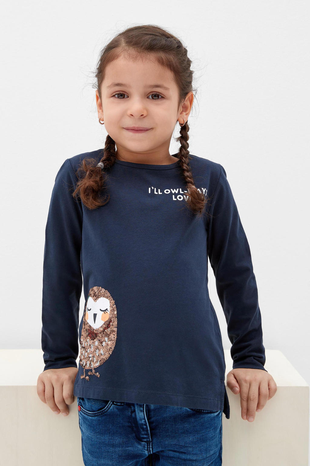 s.Oliver longsleeve met tekst en pailletten marine | wehkamp