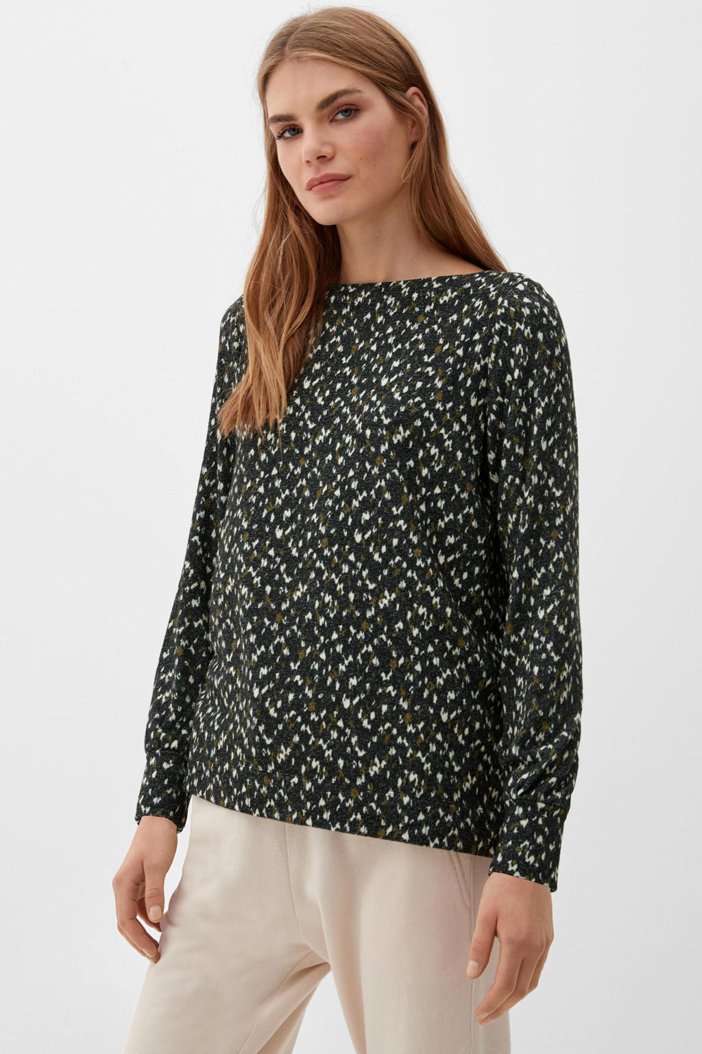 s.Oliver sweater met all over print en plooien zwart/wit/groen | wehkamp