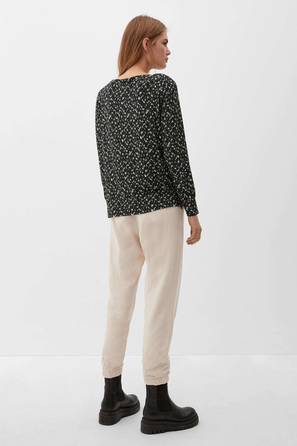 s.Oliver sweater met all over print en plooien zwart/wit/groen | wehkamp