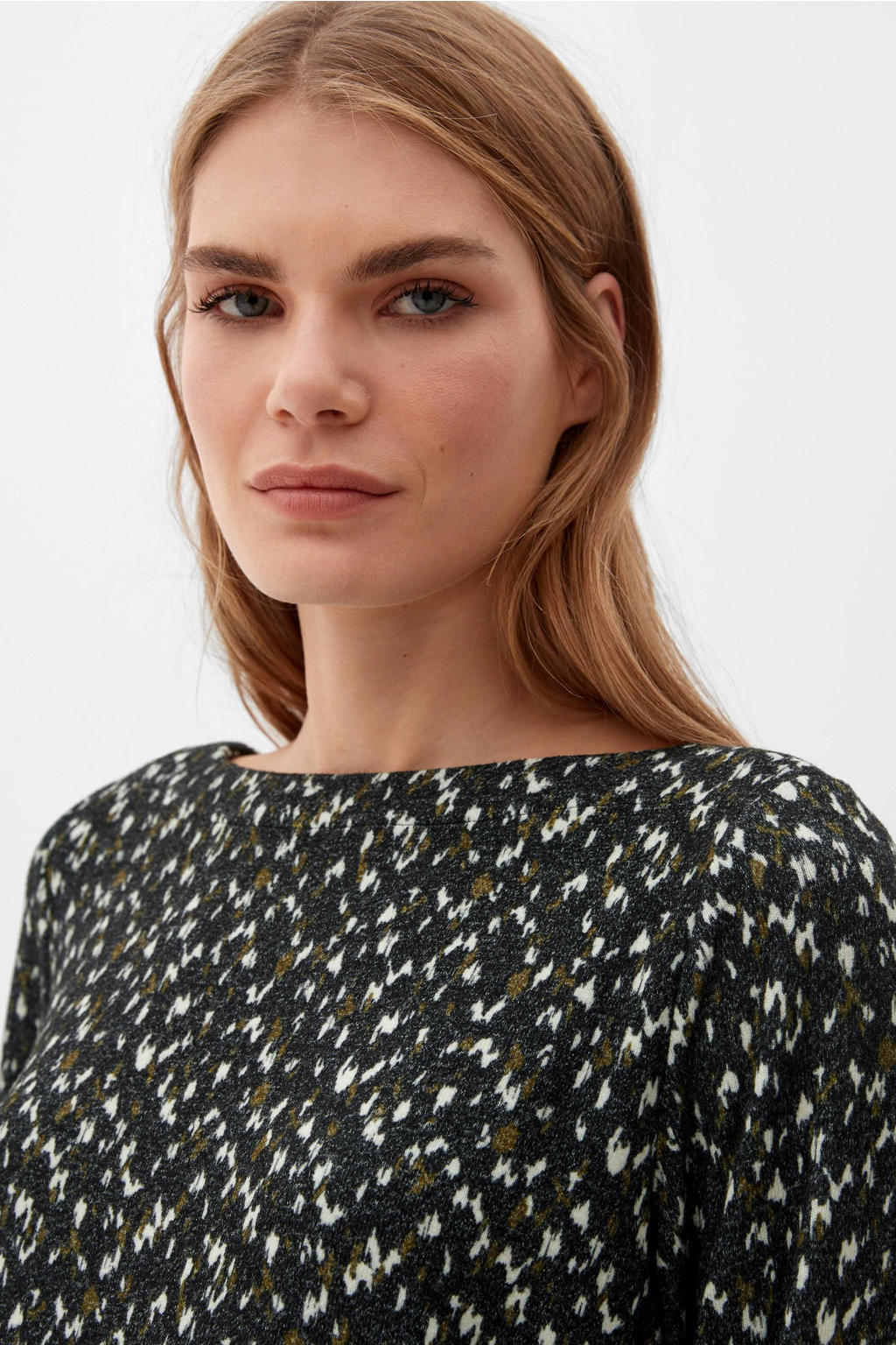 s.Oliver sweater met all over print en plooien zwart/wit/groen | wehkamp