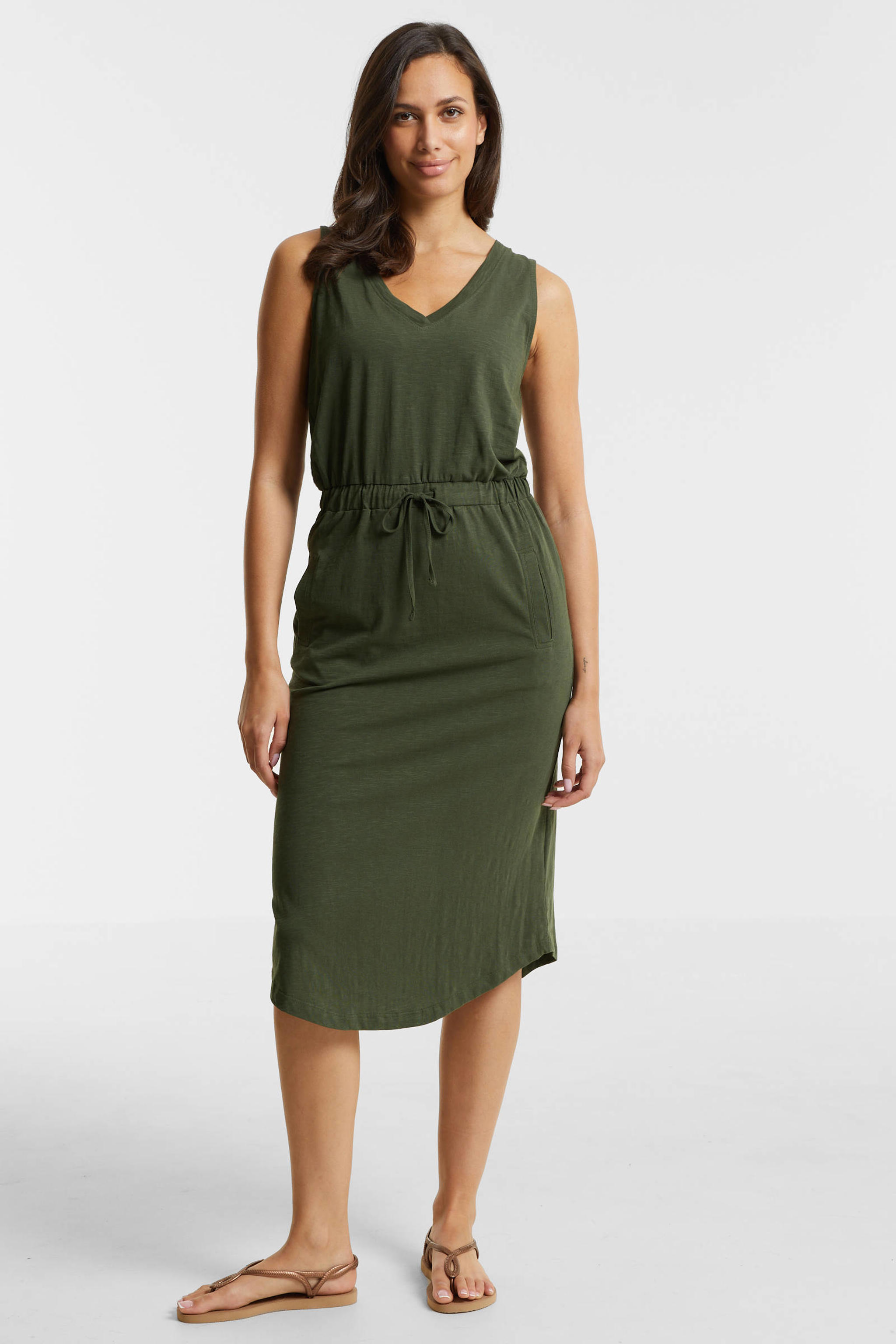 anytime midi jurk met V-hals khaki | wehkamp