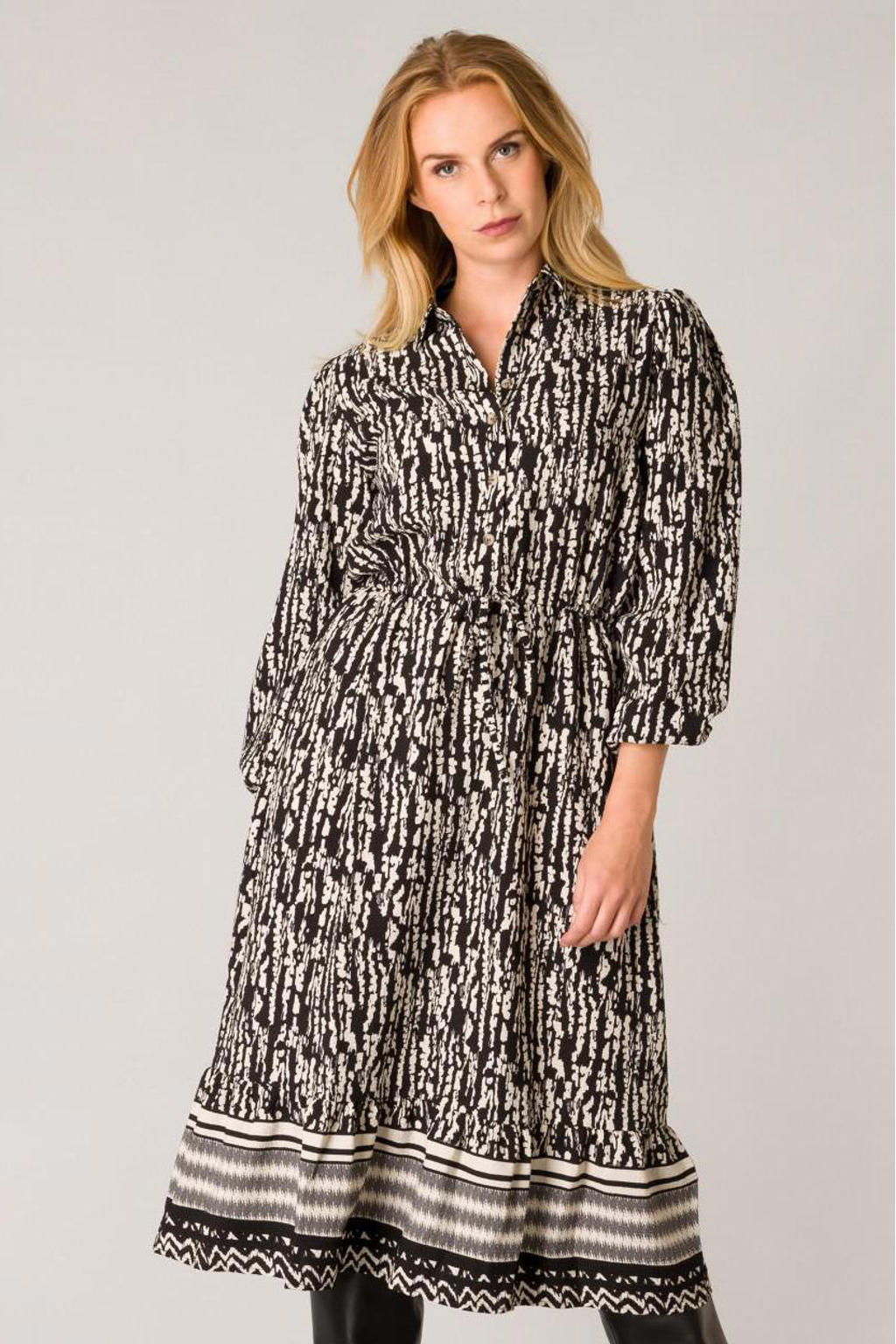 Yest jurk met all over print en ceintuur zwart/ecru | wehkamp