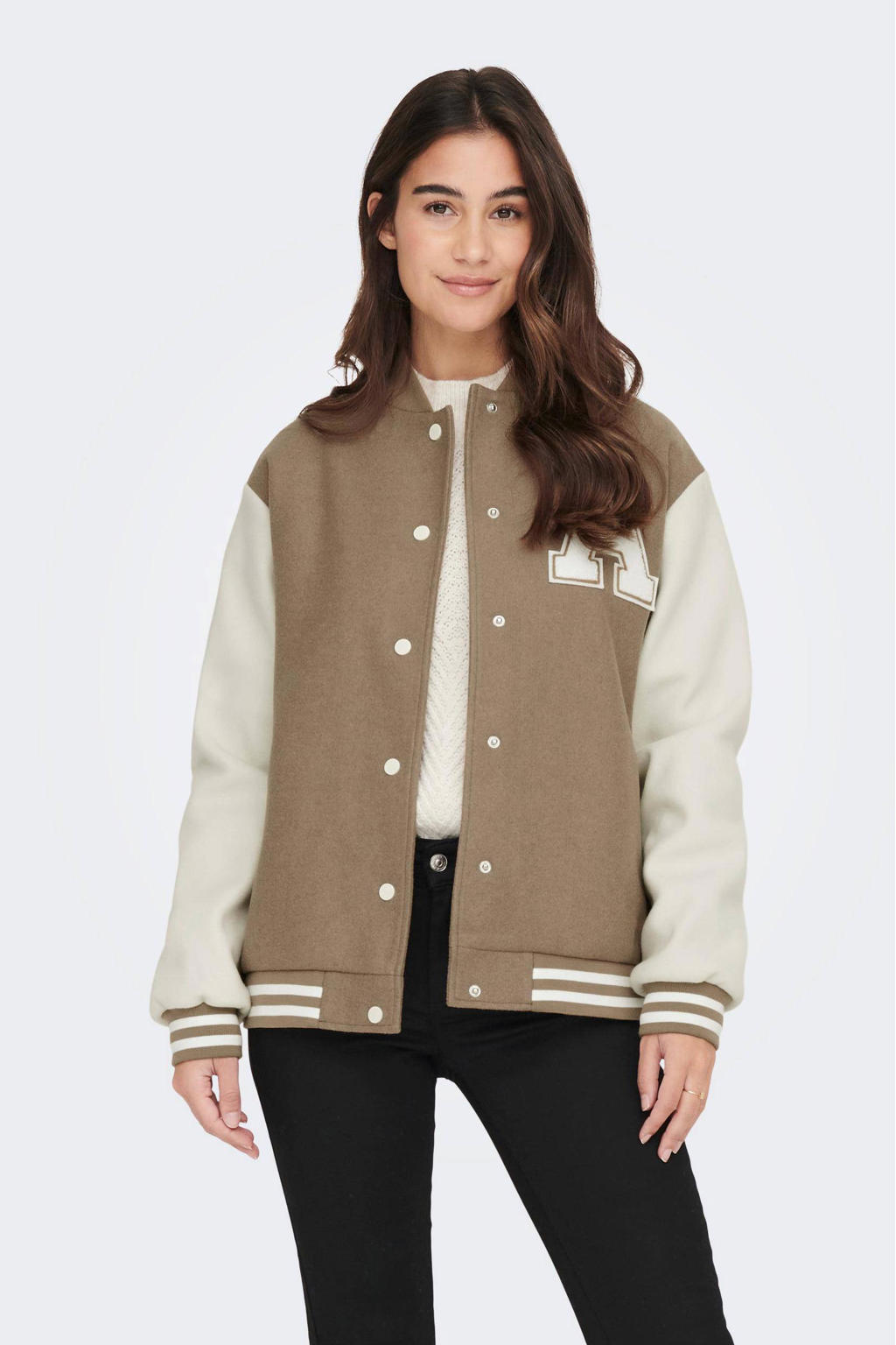 ONLY bomberjack ONLSILJA van gerecycled polyester beige/wit | wehkamp