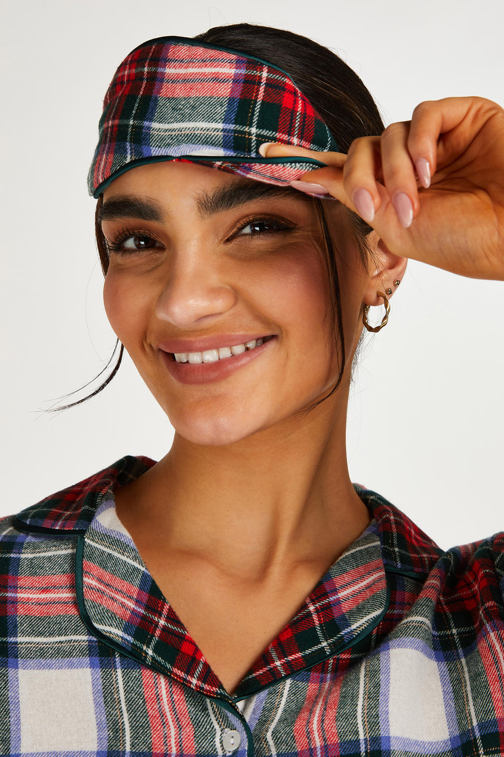 Hunkemöller geruite pyjama + slaapmasker wit/rood/blauw | wehkamp