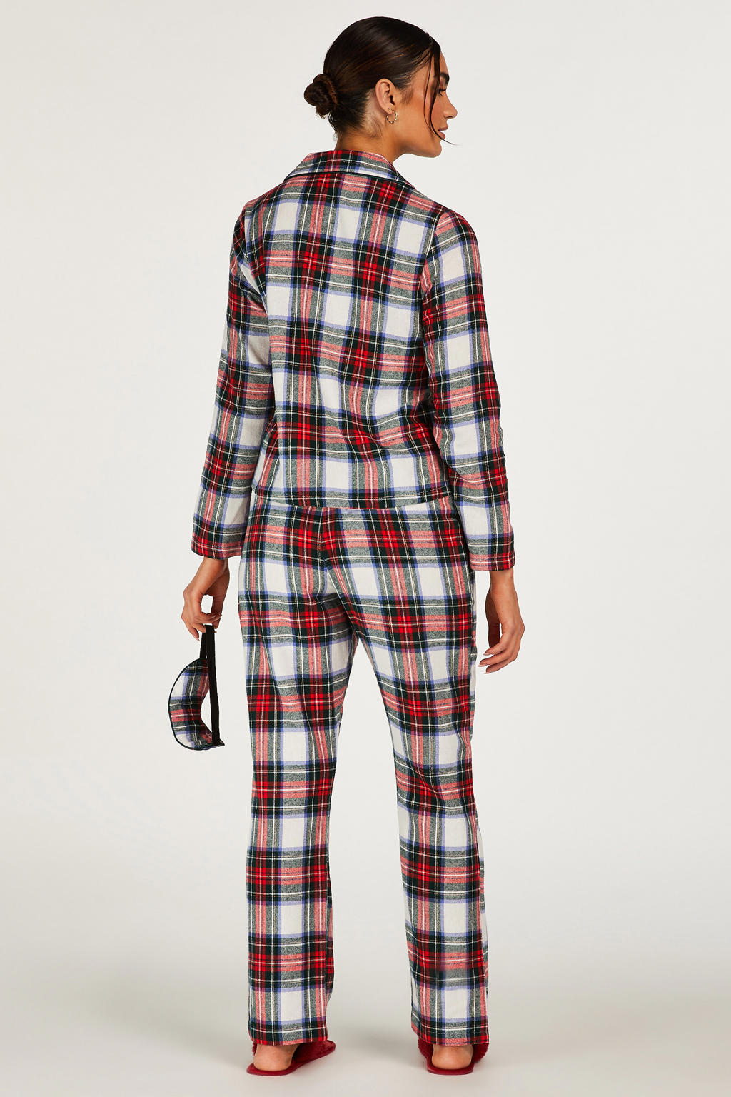 Hunkemöller geruite pyjama + slaapmasker wit/rood/blauw | wehkamp