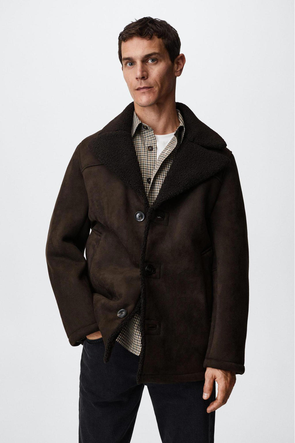 Mango Man lammy coat winterjas donkerbruin | wehkamp