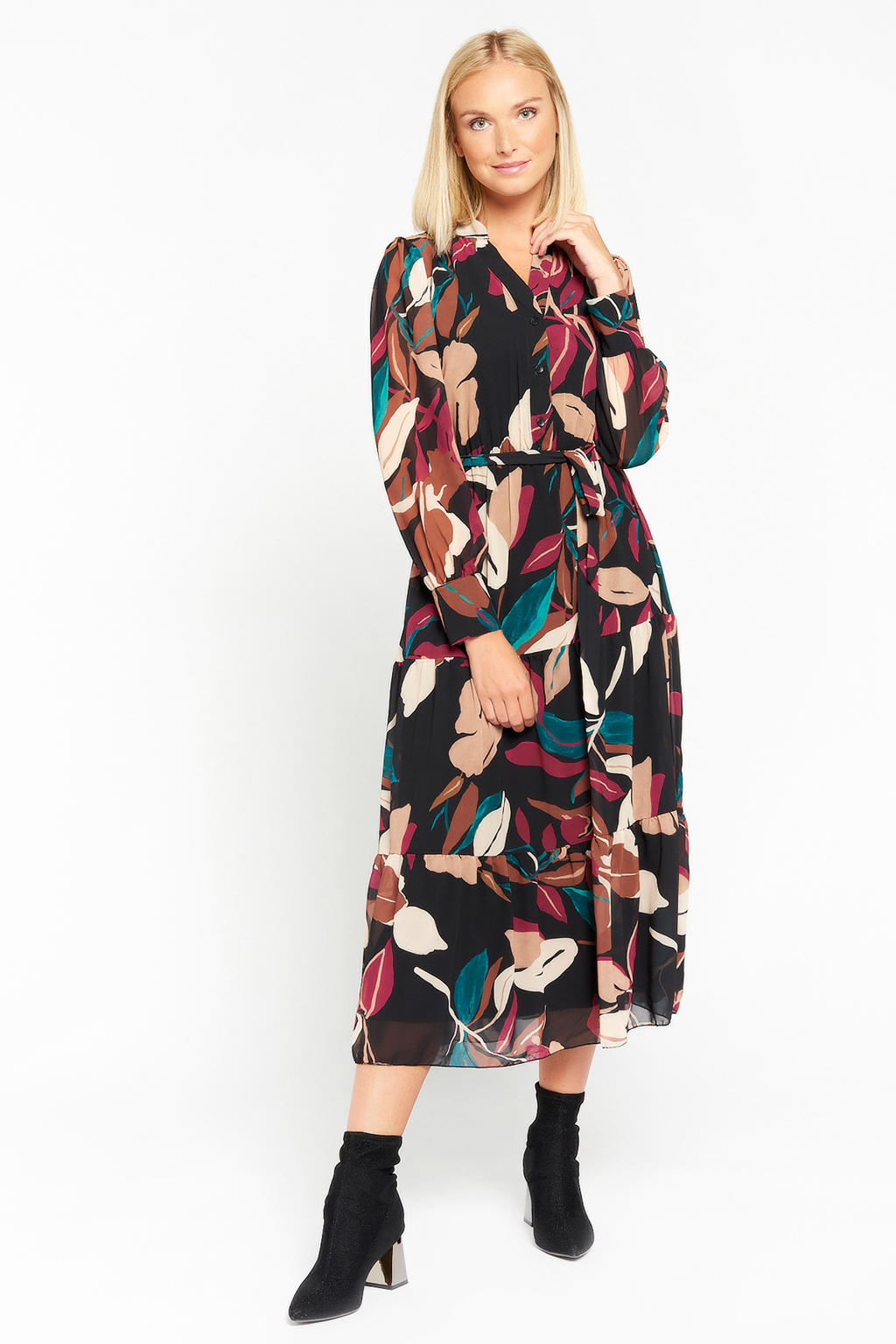 LOLALIZA blousejurk met all over print en ceintuur zwart/camel/roze/blauw | wehkamp