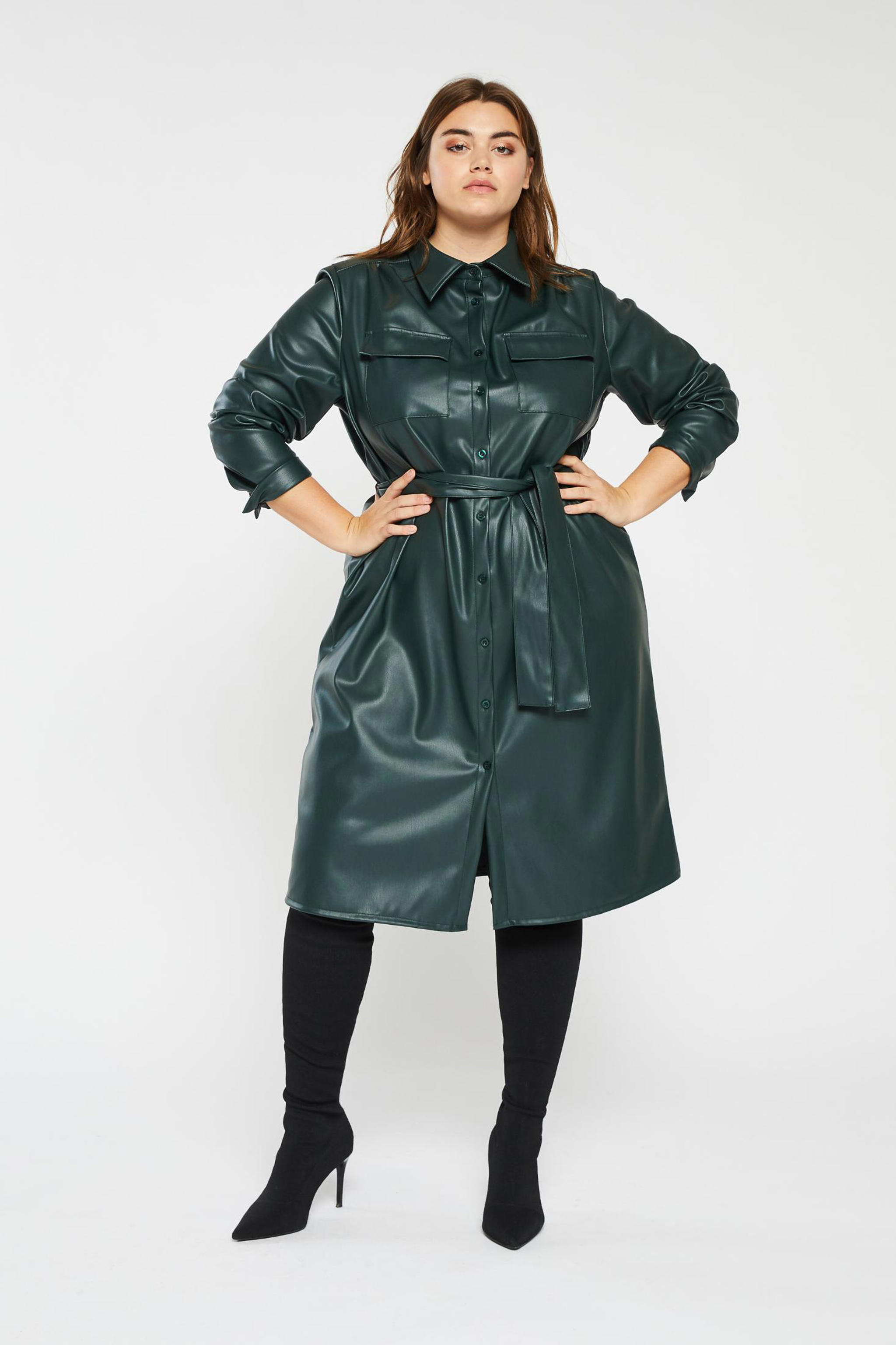 ZINO & JUDY imitatieleren blousejurk met ceintuur petrol | wehkamp