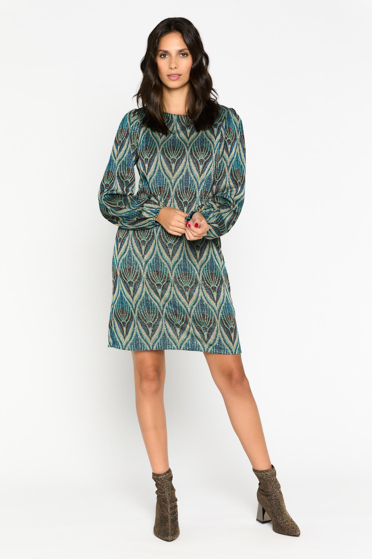 LOLALIZA jurk met grafische print petrol | wehkamp