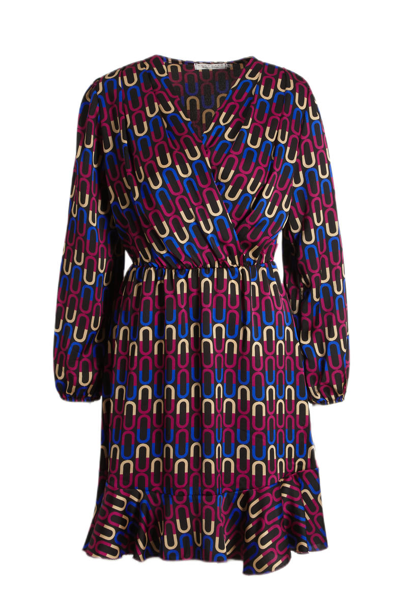 LOLALIZA jurk met grafische print en ruches zwart/paars/blauw/beige | wehkamp