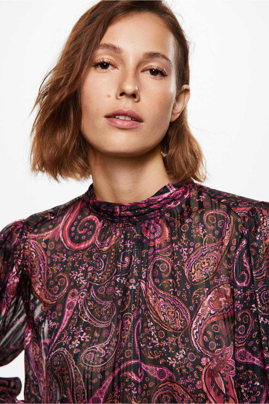 Mango top met paisleyprint en ruches roze/zwart | wehkamp