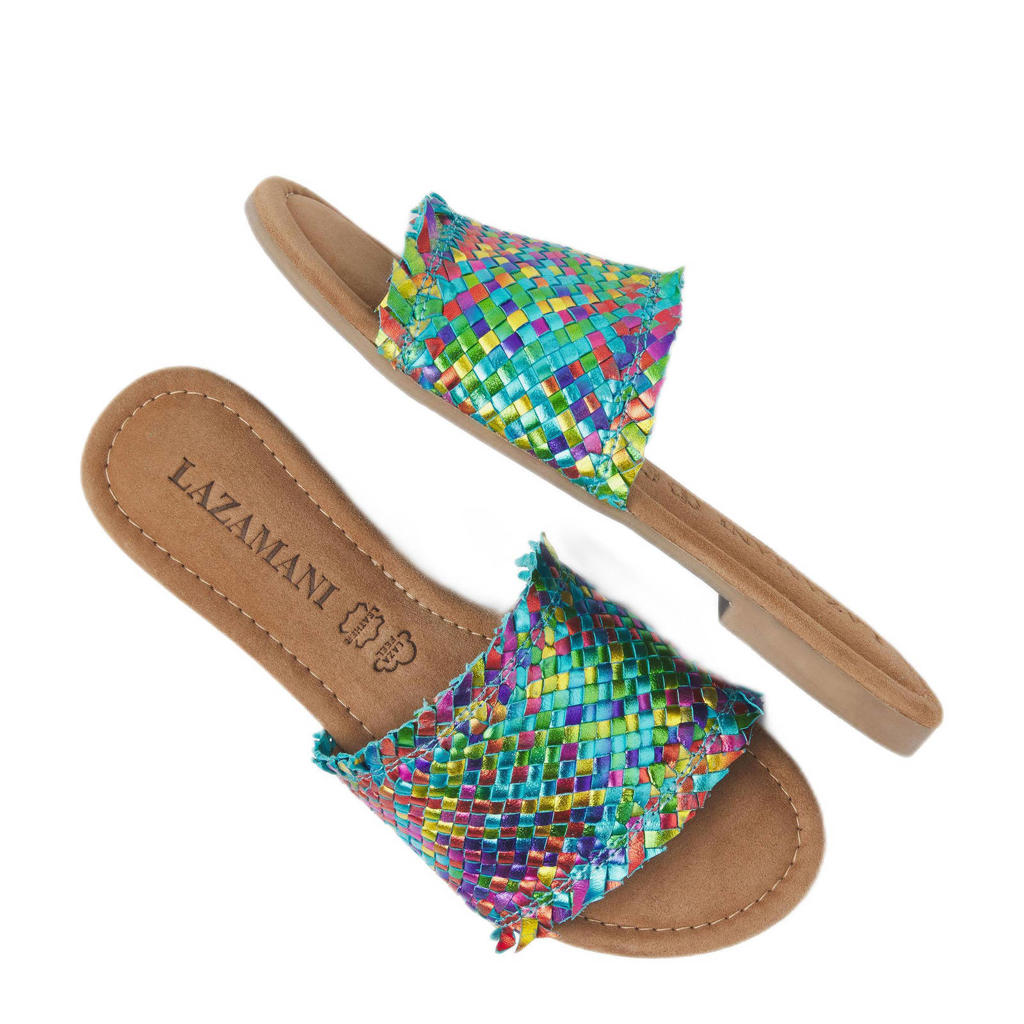 Lazamani leren slippers turquoise | wehkamp