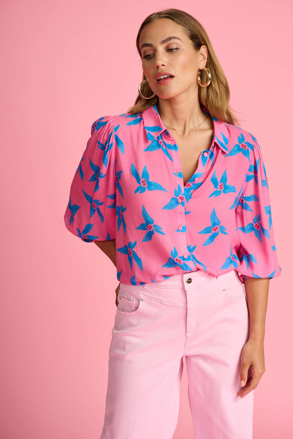 POM Amsterdam gebloemde blouse Origami Flower Pink roze/blauw | wehkamp
