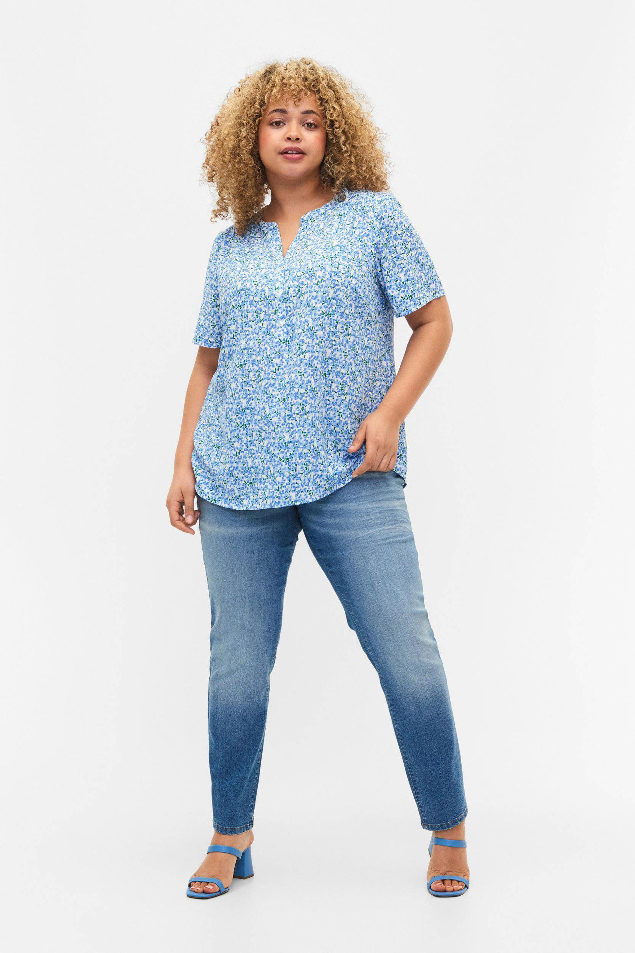 Zizzi top CAANNI met all over print blauw/ecru/groen | wehkamp