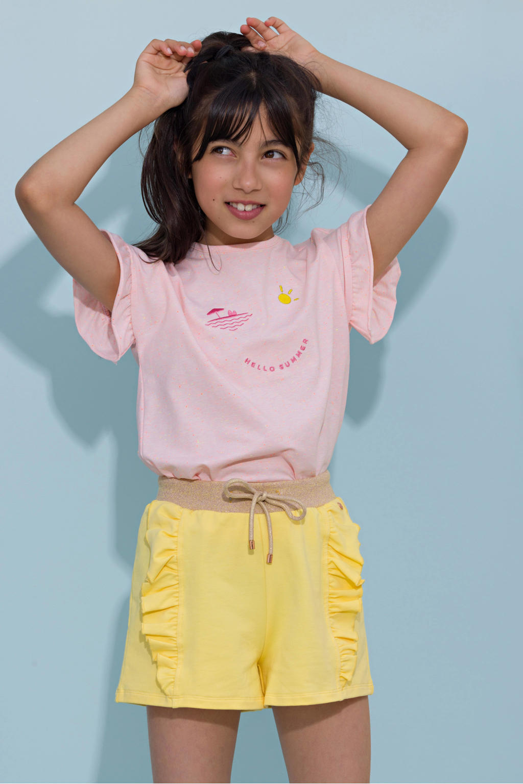 NONO T-shirt Kanou met printopdruk en ruches roze | wehkamp