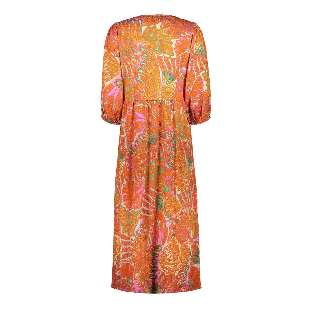 Geisha jurk met bladprint oranje/roze/groen | wehkamp