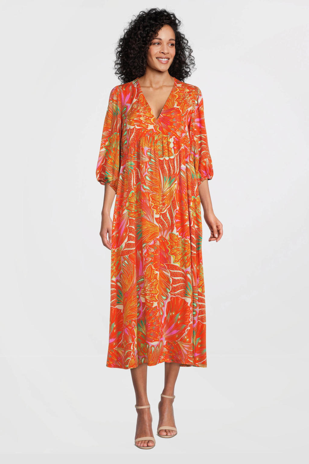 Geisha jurk met bladprint oranje/roze/groen | wehkamp