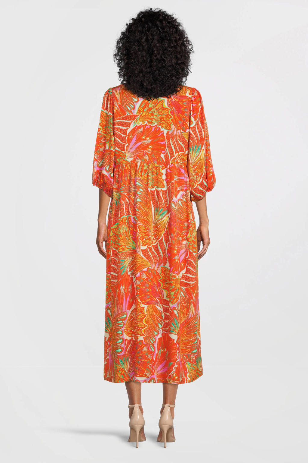 Geisha jurk met bladprint oranje/roze/groen | wehkamp