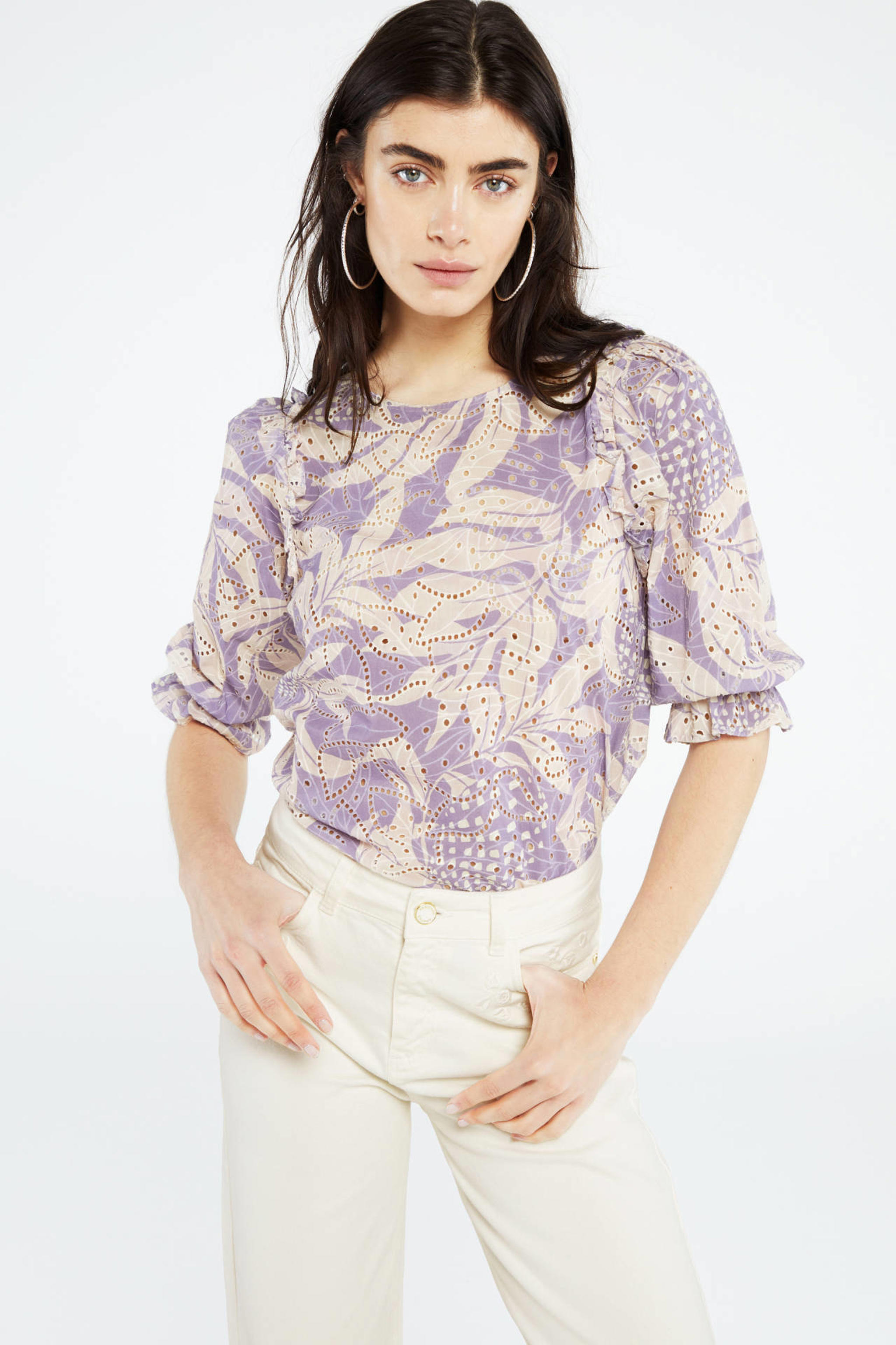 Fabienne Chapot top met bladprint met broderie lila | wehkamp