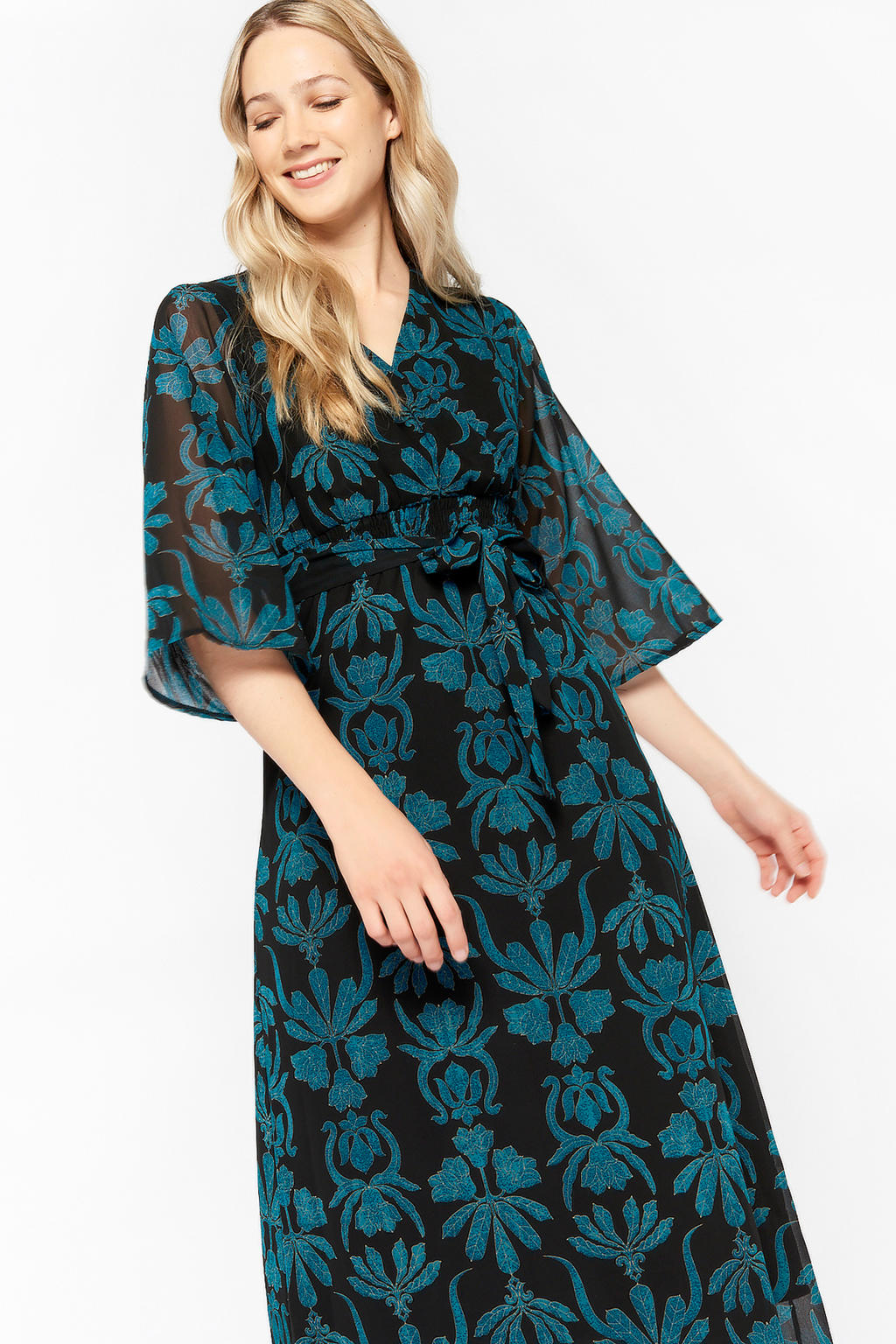 LOLALIZA maxi jurk met all over print en ceintuur zwart/petrol | wehkamp