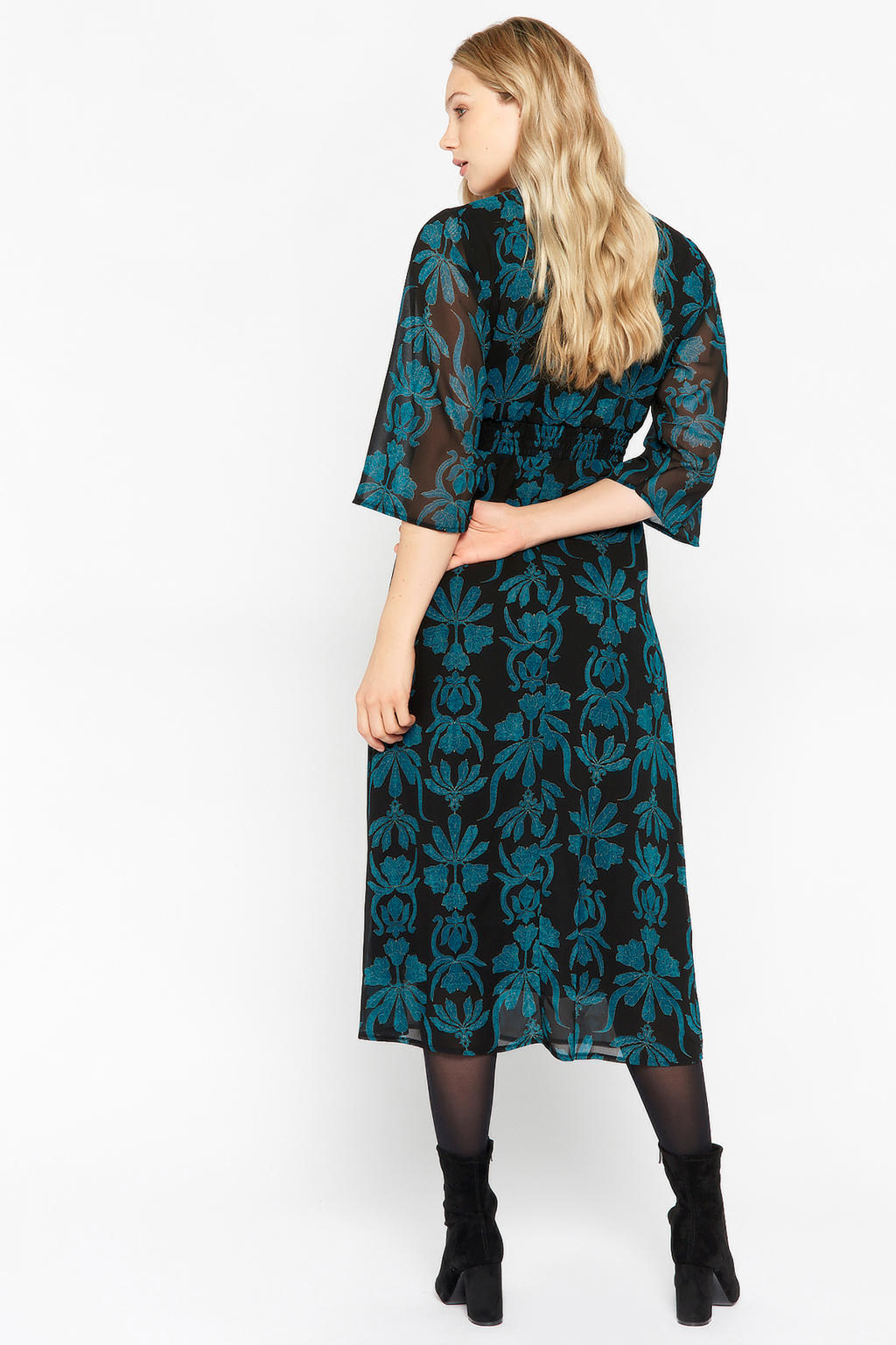 LOLALIZA maxi jurk met all over print en ceintuur zwart/petrol | wehkamp