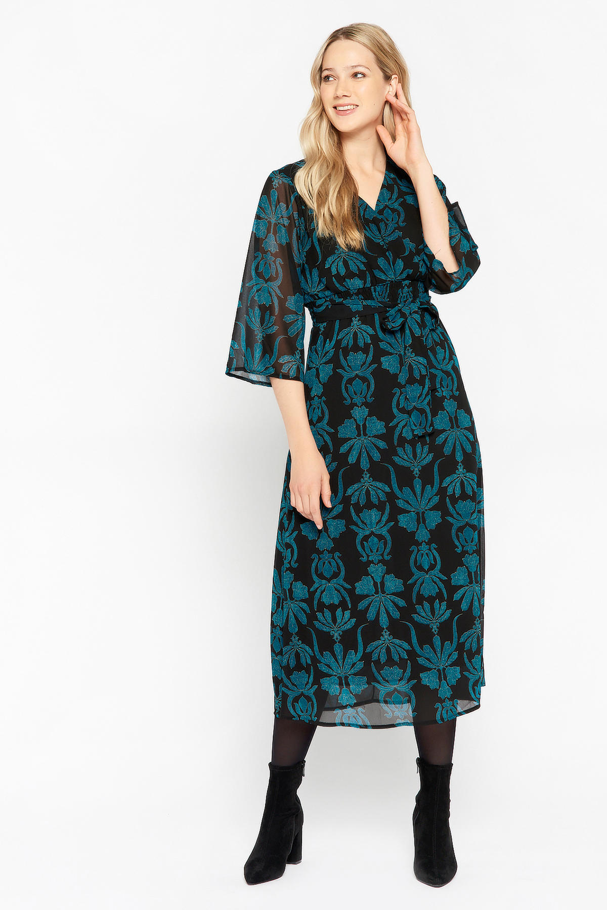 LOLALIZA maxi jurk met all over print en ceintuur zwart/petrol | wehkamp