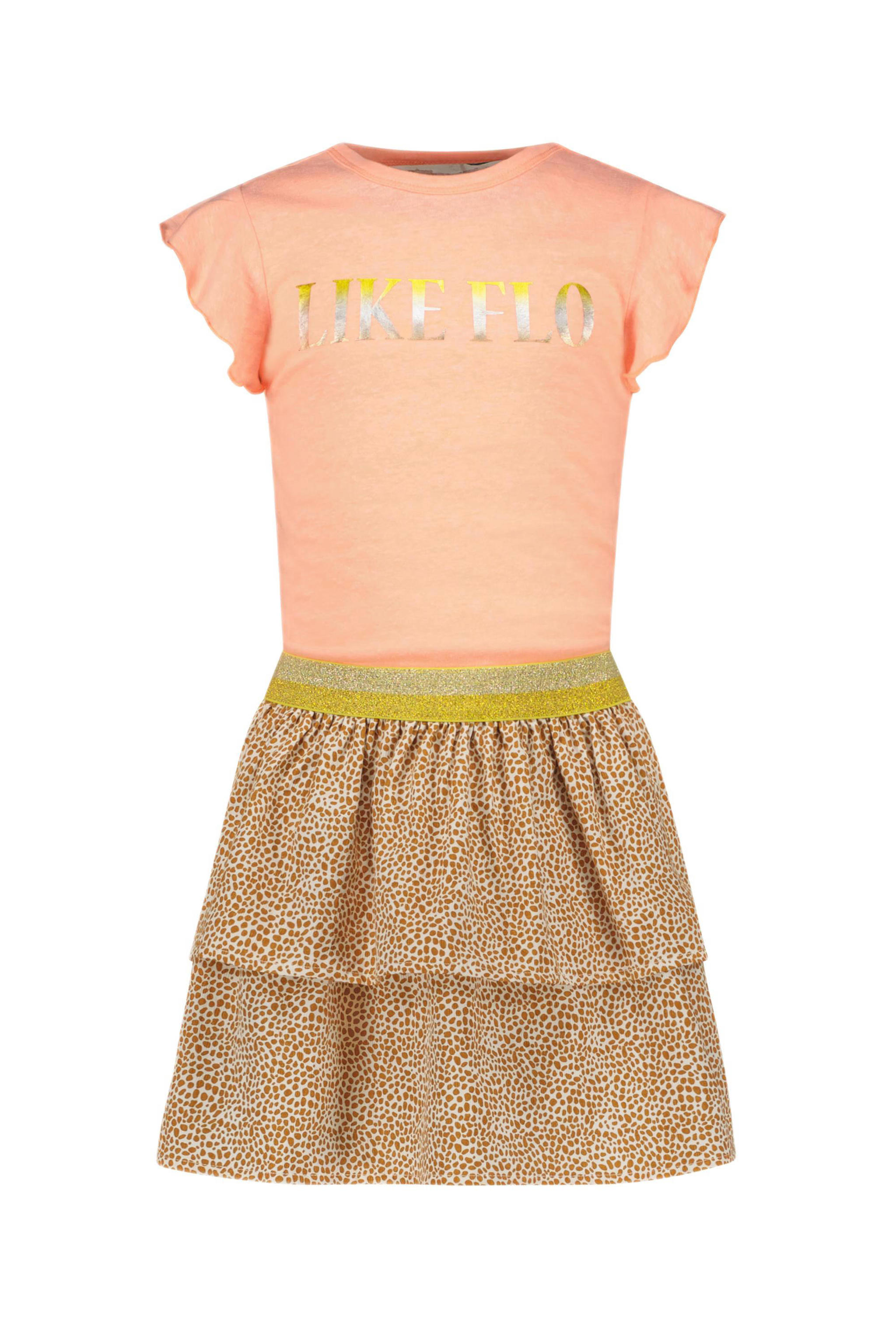 Like Flo A-lijn jurk met printopdruk en volant zalm | wehkamp