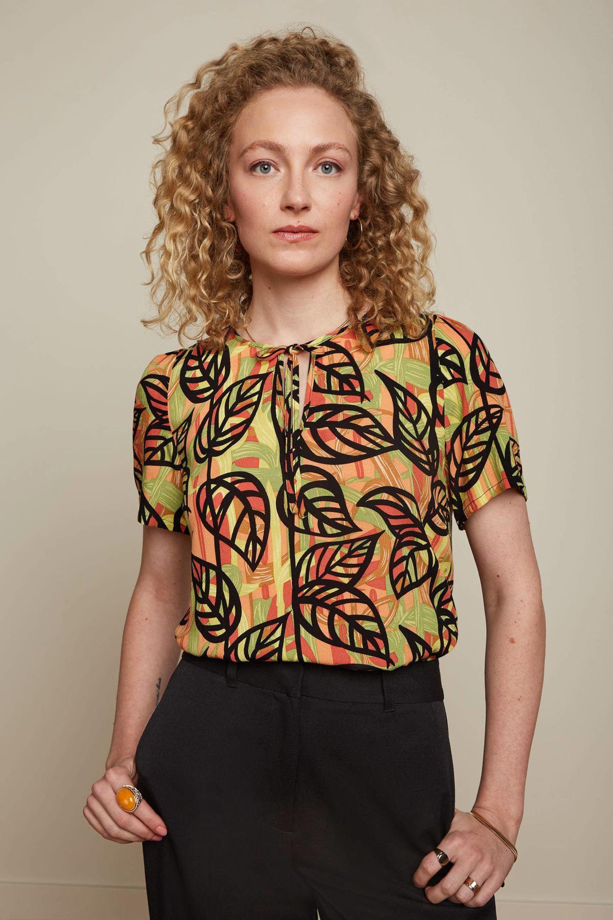 King Louie top Izzy Top Parra met bladprint groen/zwart/oranje | wehkamp