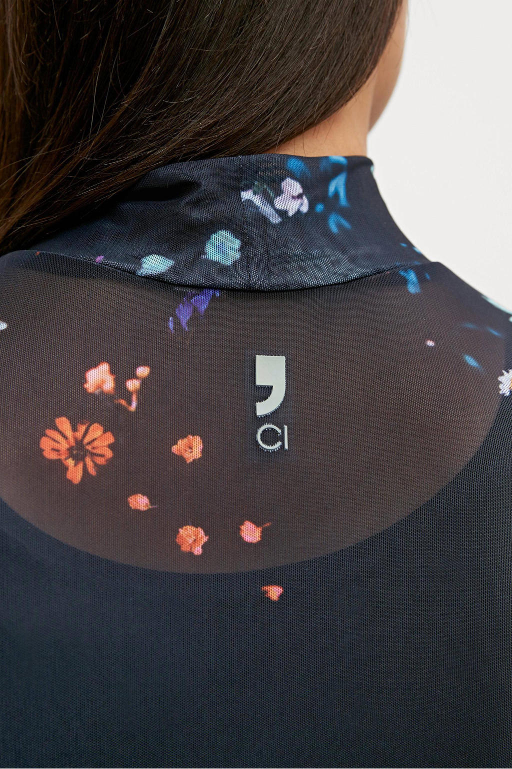 comma casual identity semi-transparante mesh top met all over print ...