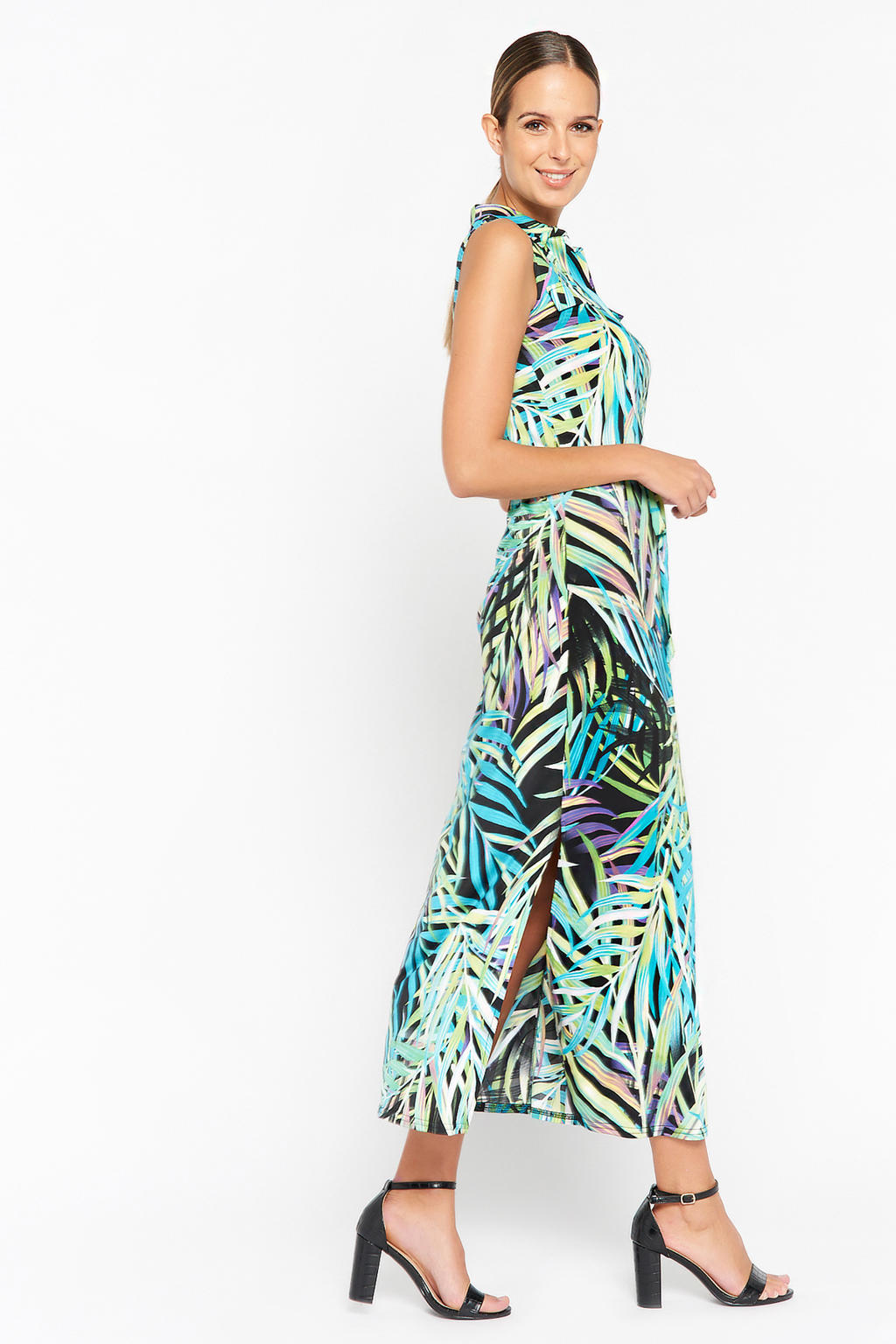 LOLALIZA jurk met bladprint en ceintuur multi | wehkamp