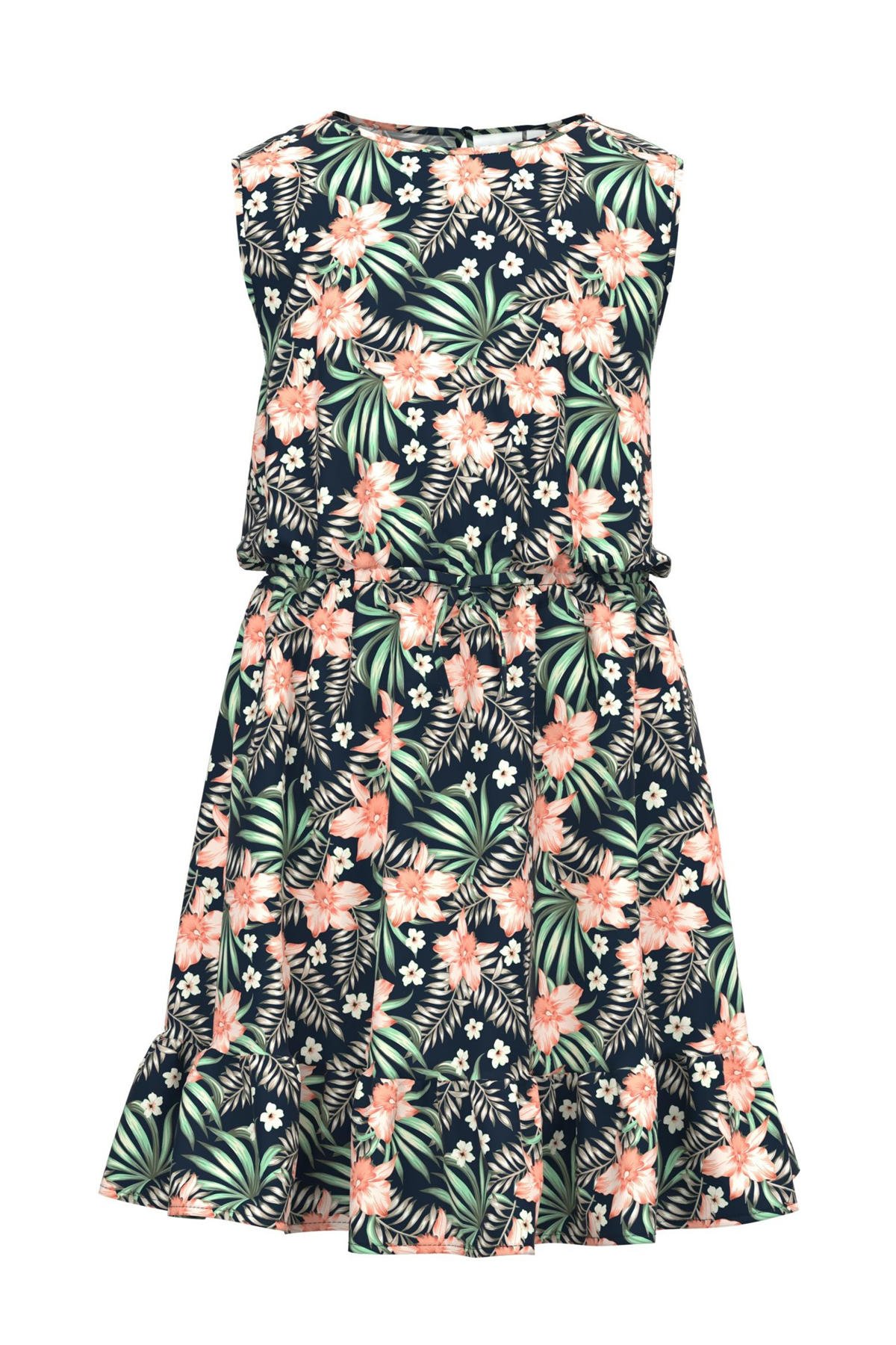 NAME IT KIDS gebloemde jurk NKFVINAYA van polyester donkerblauw/groen ...