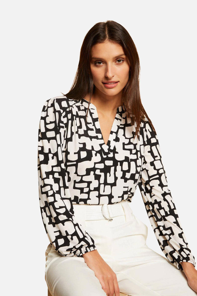 Morgan top met all over print en plooien ecru/zwart | wehkamp