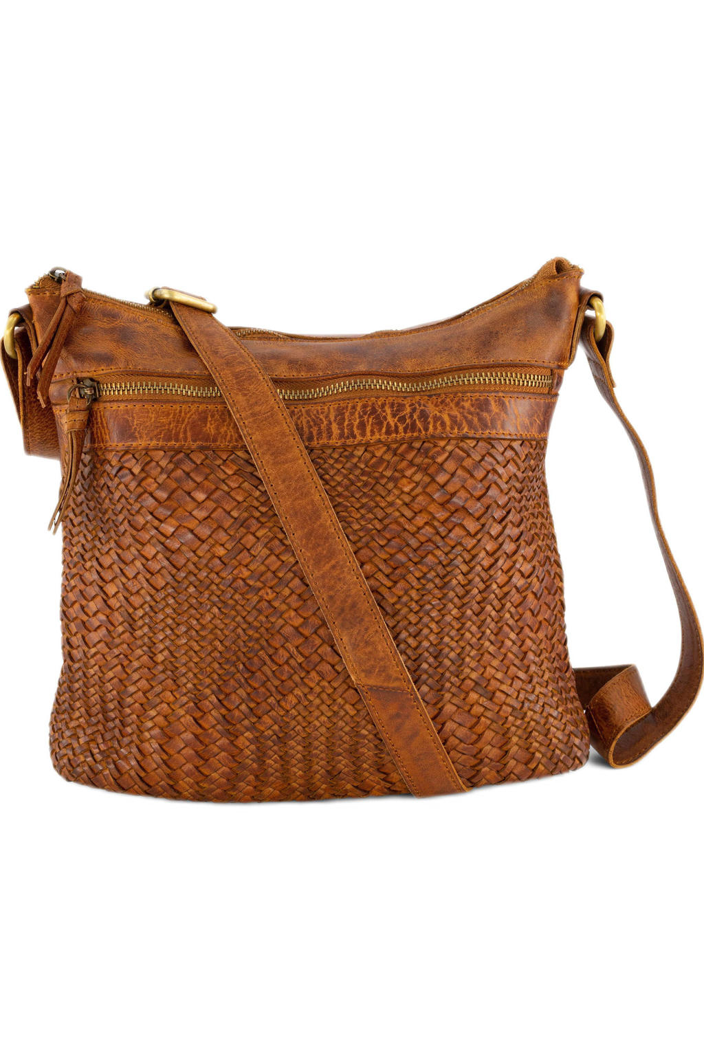 5th Avenue leren schoudertas met gevlochten details cognac | wehkamp