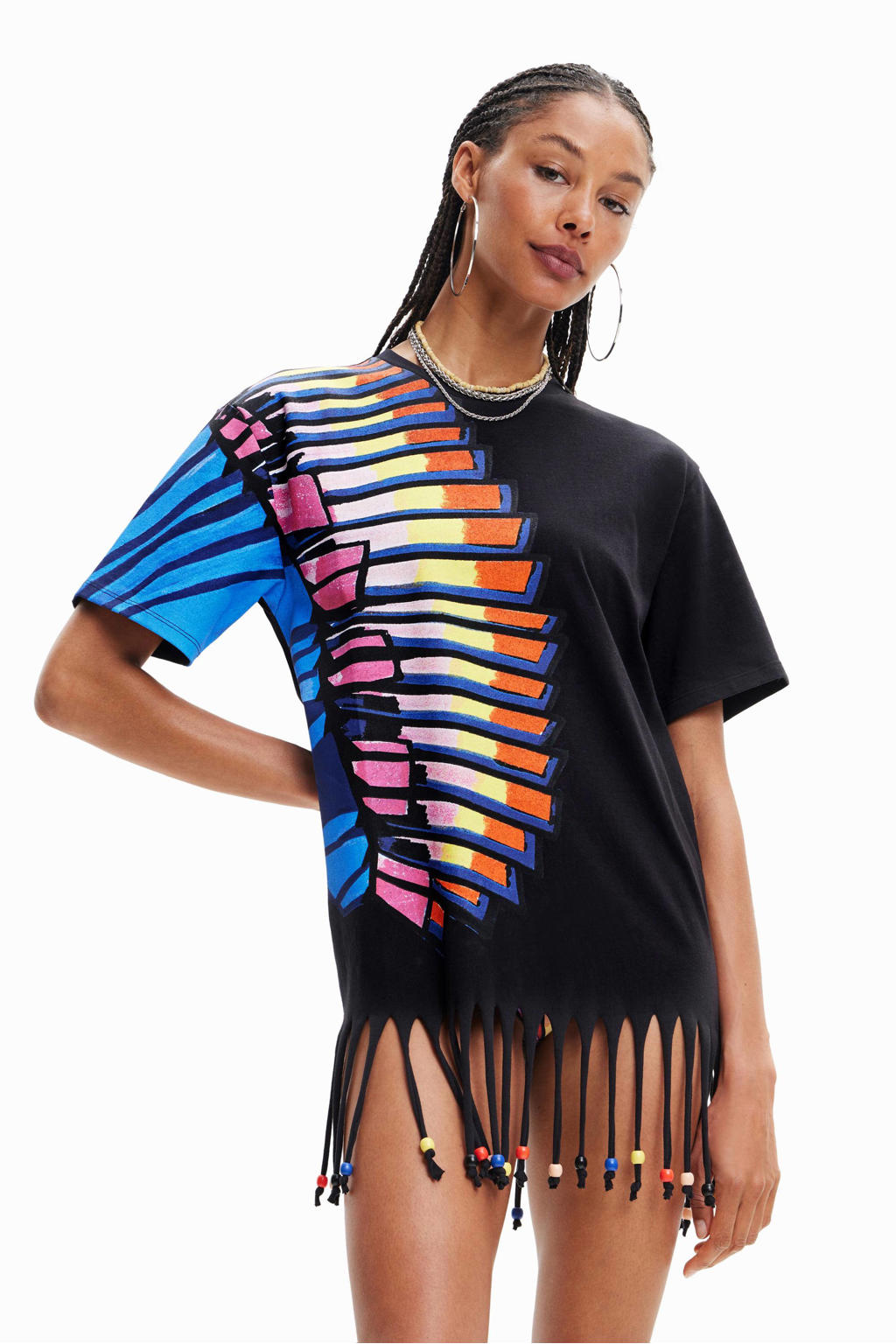 Desigual strandtuniek met franjes zwart/multi | wehkamp