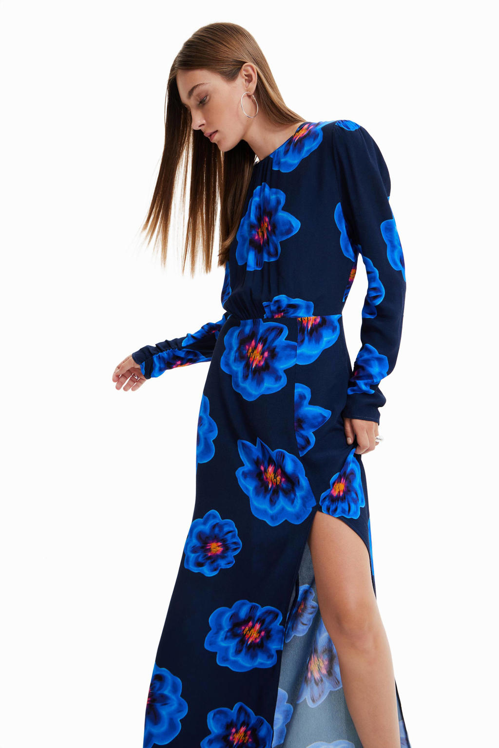 Desigual gebloemde maxi jurk blauw/oranje | wehkamp