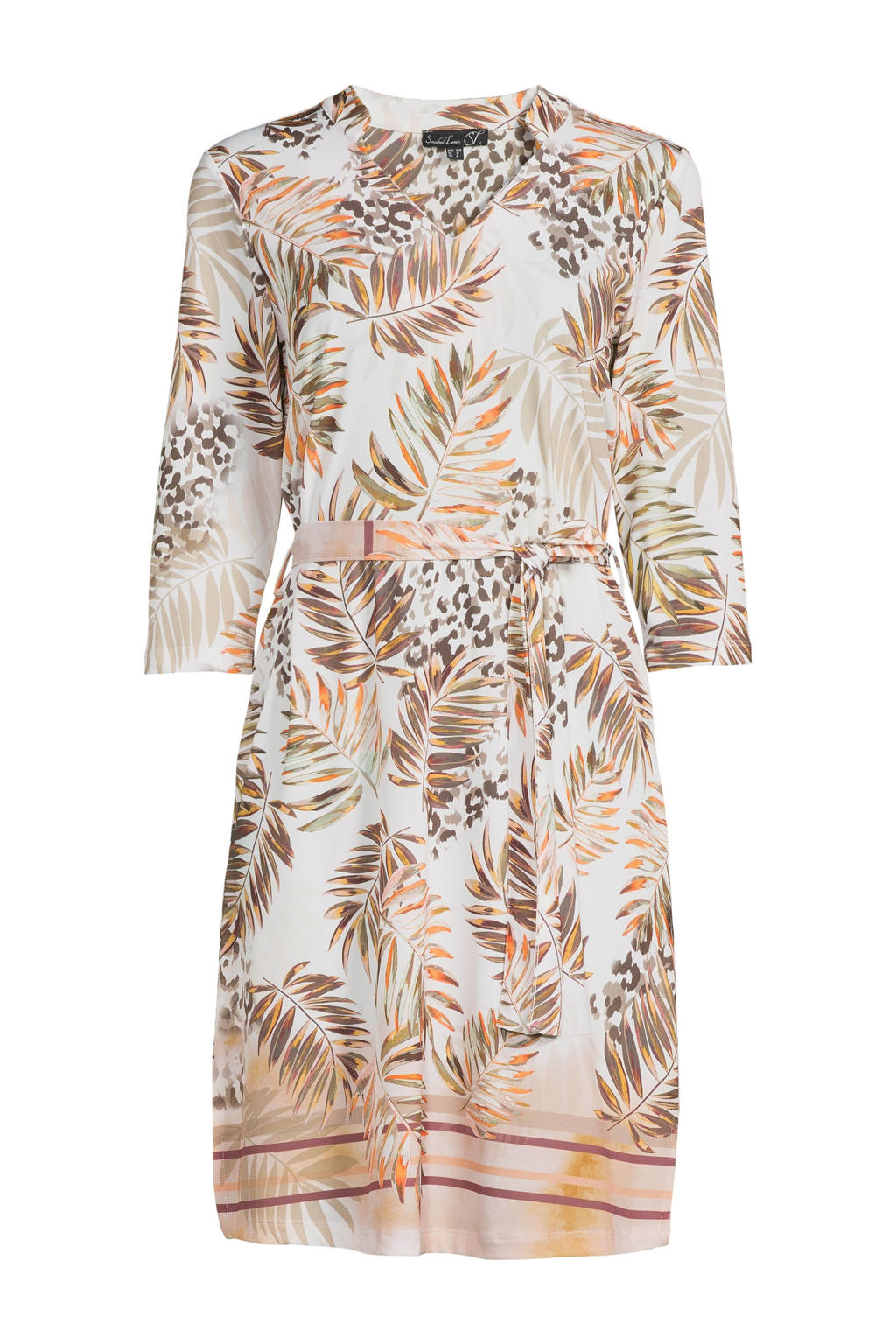 Smashed Lemon jurk Alie met bladprint en ceintuur offwhite/taupe/oranje ...