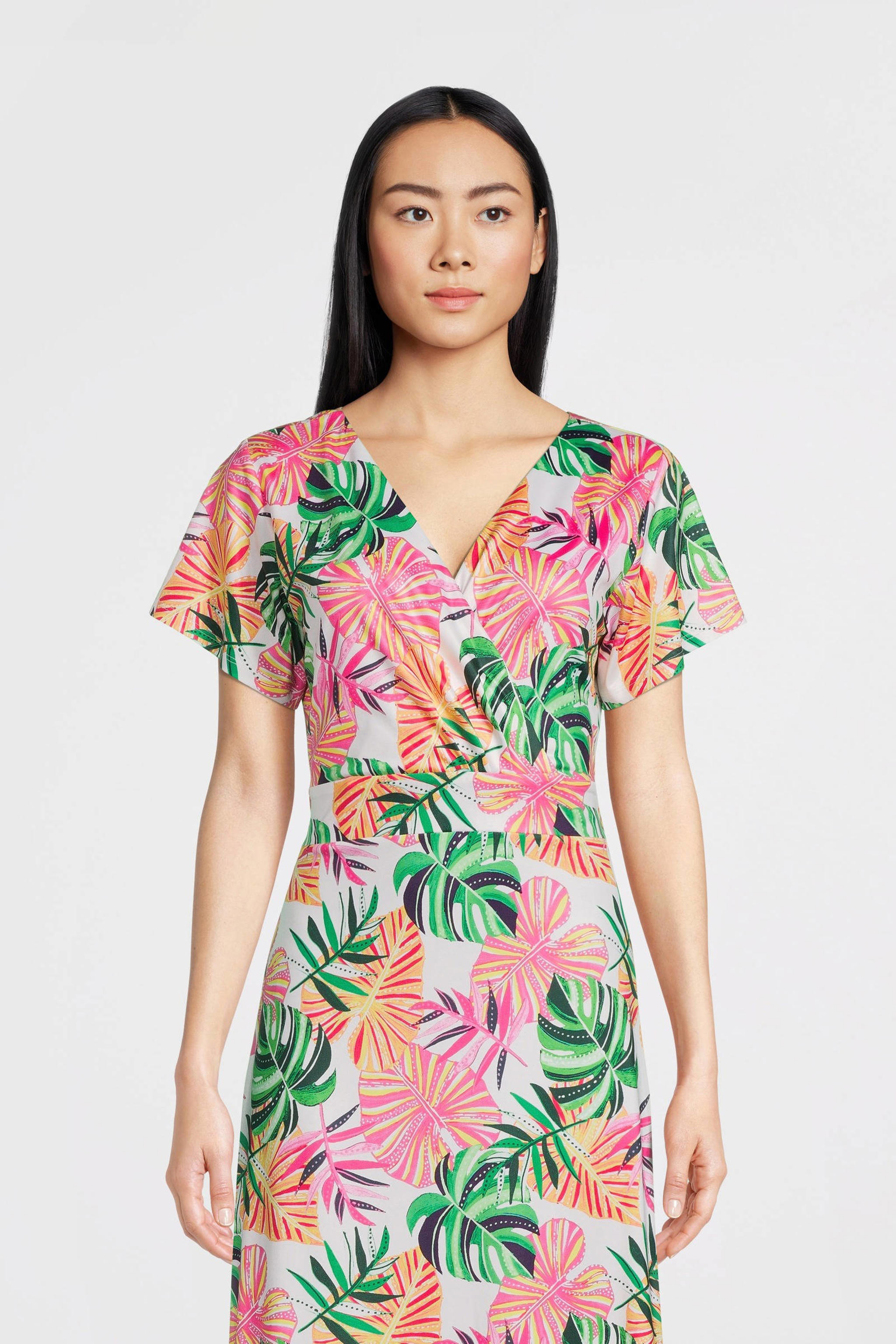 Smashed Lemon maxi jurk Marley met bladprint en plooien wit/roze/groen ...