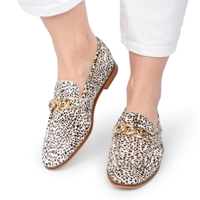 PS Poelman JENNY leren loafers met ponyhair en ketting bruin/wit | wehkamp