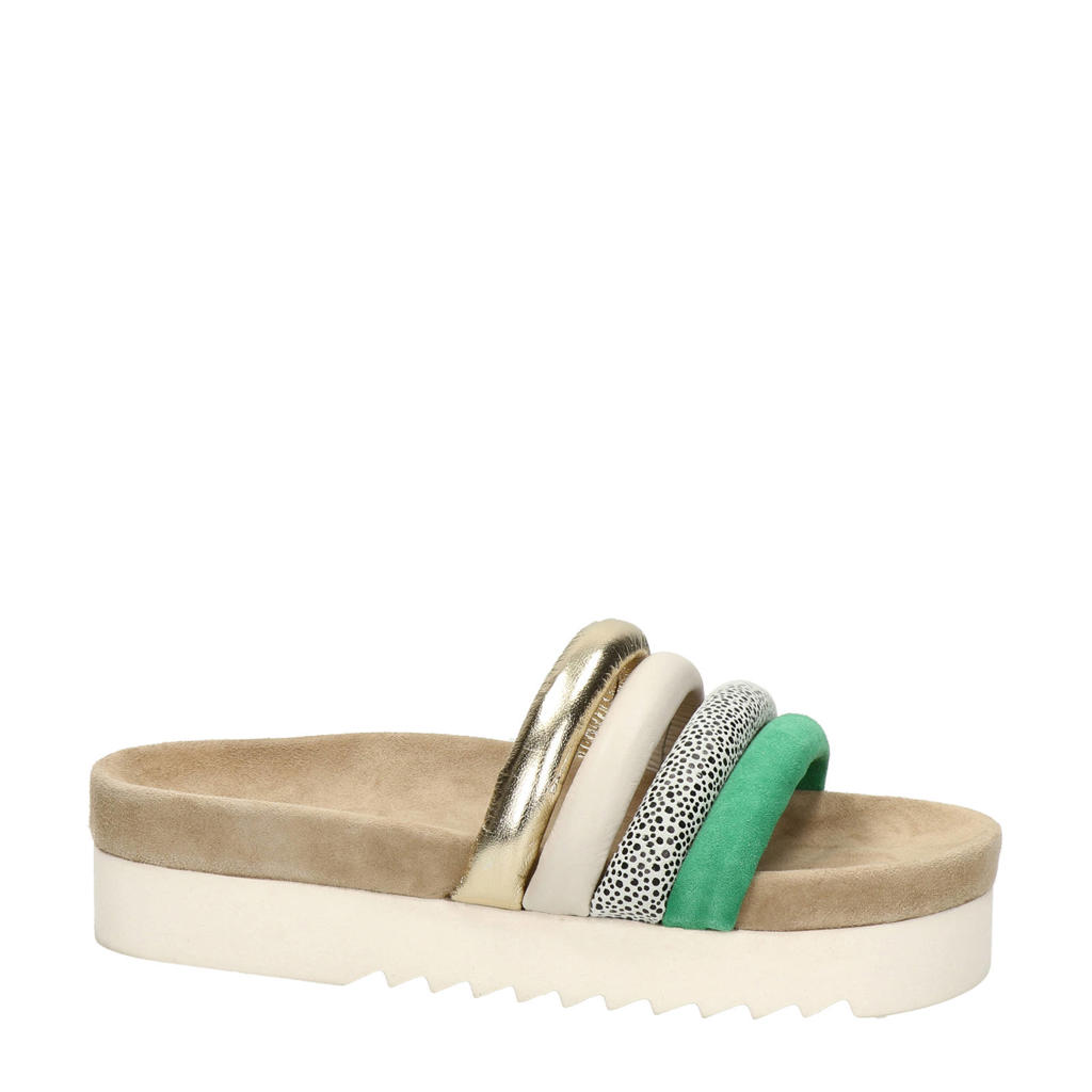 Maruti leren slippers groen/goud | wehkamp