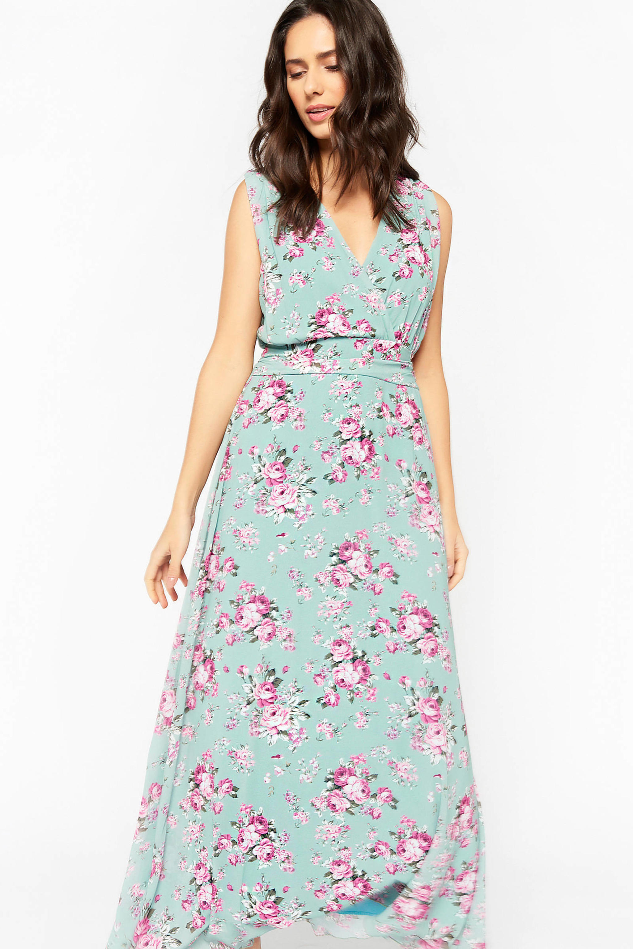 LOLALIZA gebloemde maxi jurk lichtgroen/roze | wehkamp