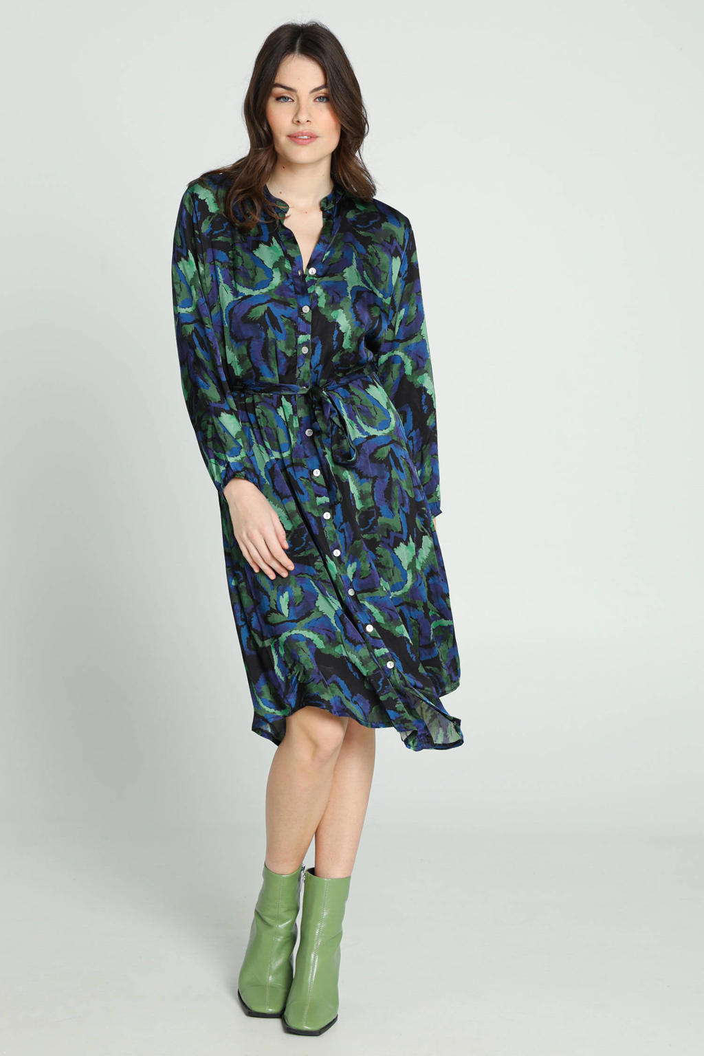 Cassis satijnen jurk met all over print en ceintuur groen/blauw | wehkamp