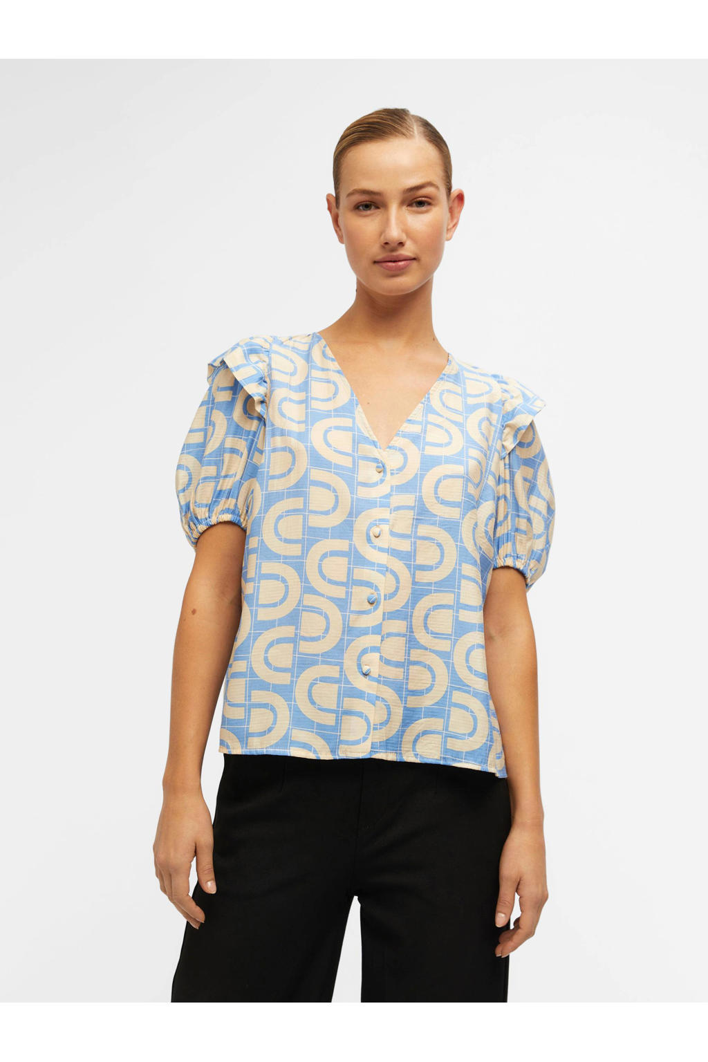 OBJECT blouse OBJADA met all over print en ruches blauw/ecru | wehkamp